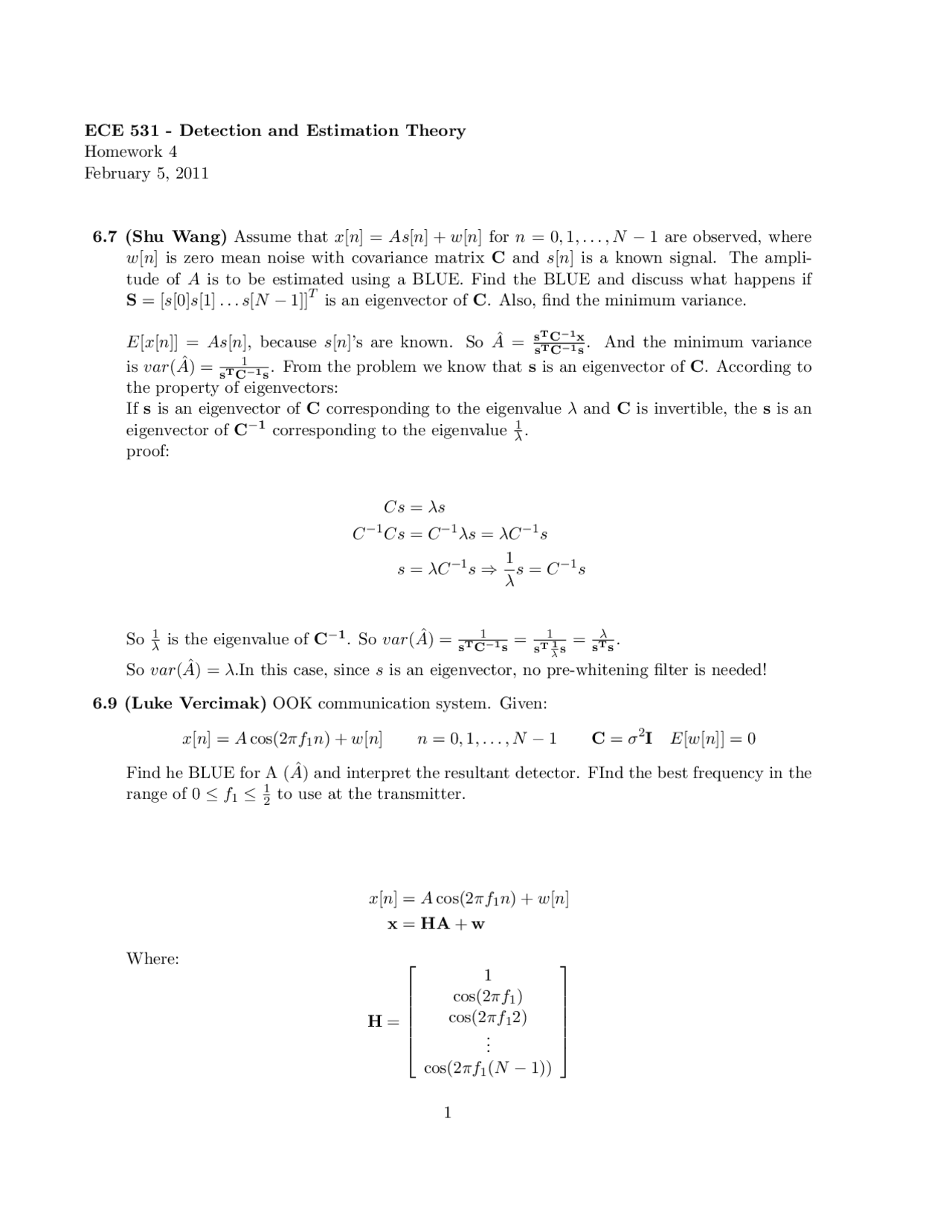 Detection And Estimation Theory Answers To Homework 4 Ece 531 Docsity