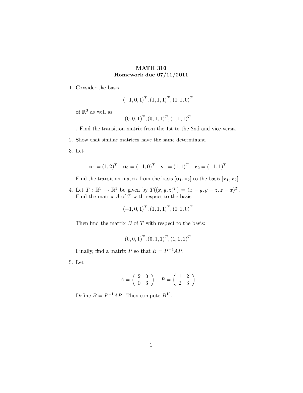 Homework 11 Problems for Applied Linear Algebra | MATH 310 - Docsity