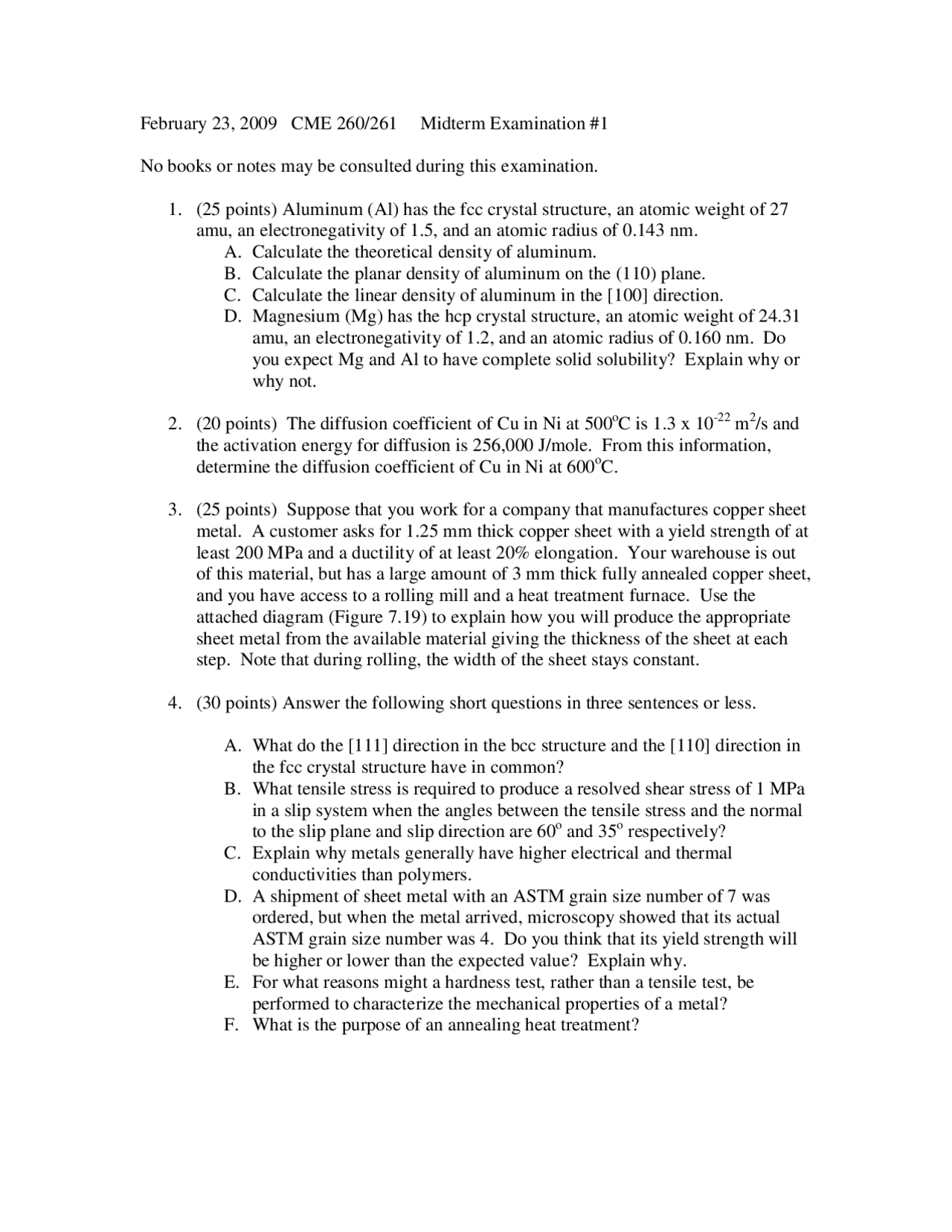 Midterm Exam 1 Properties Of Materials Cme 260 Docsity