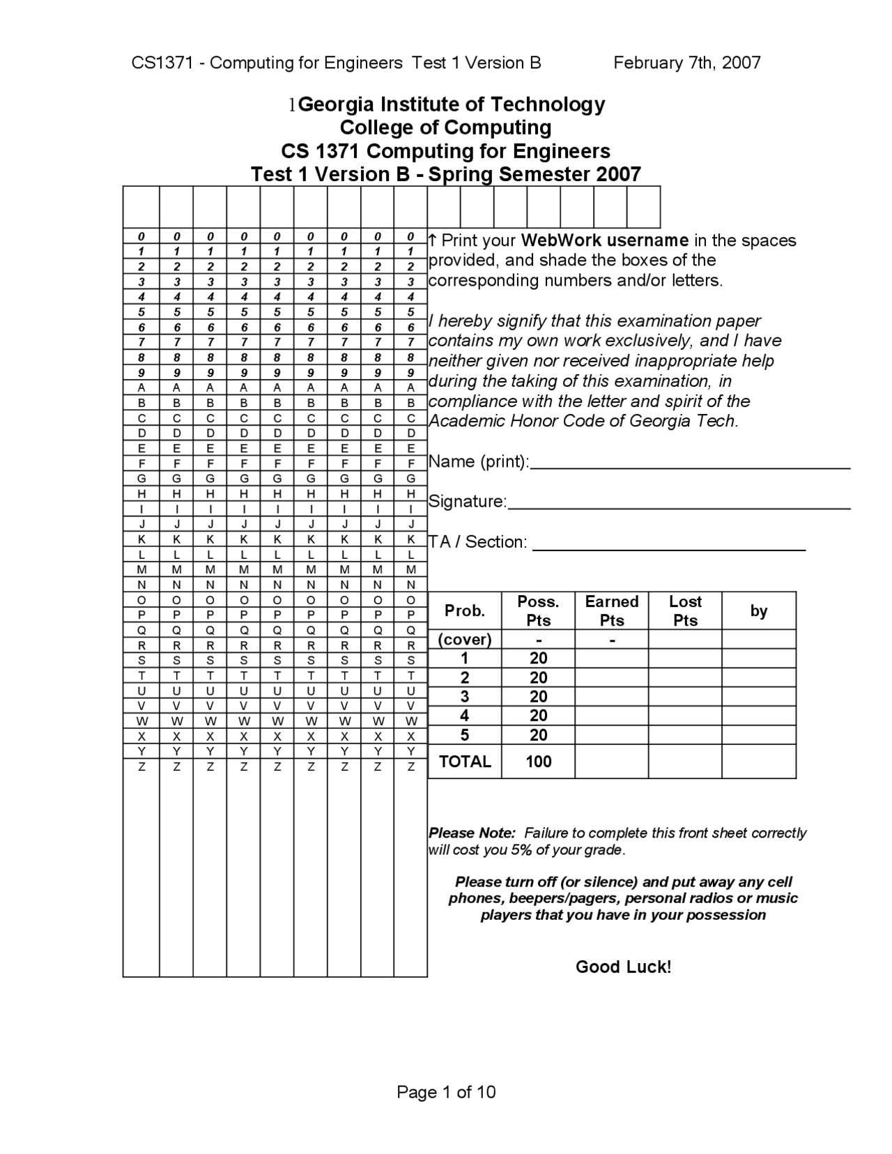 5 Question on Computing for Engineers - Examination 1 | CS 1371 - Docsity