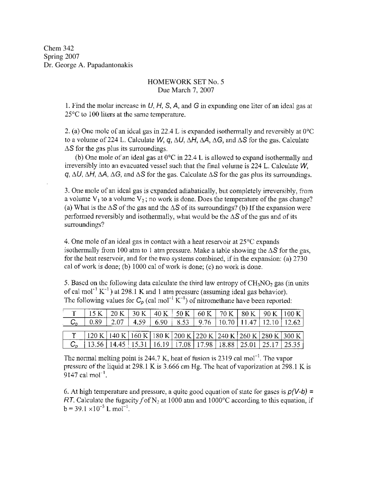 Answers To Problem Set 5 Physical Chemistry I Chem 342 Docsity