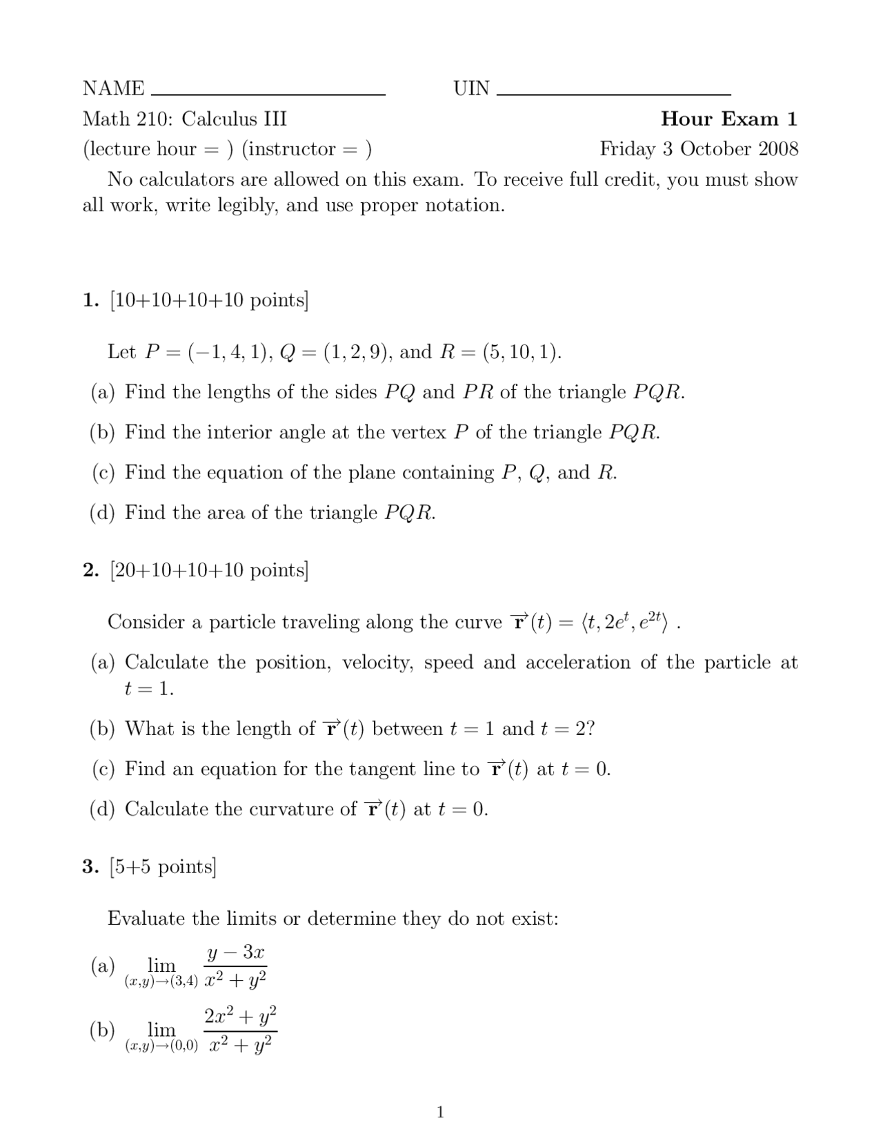 3 Problems For Exam 1 Calculus Iii Math 210 Docsity