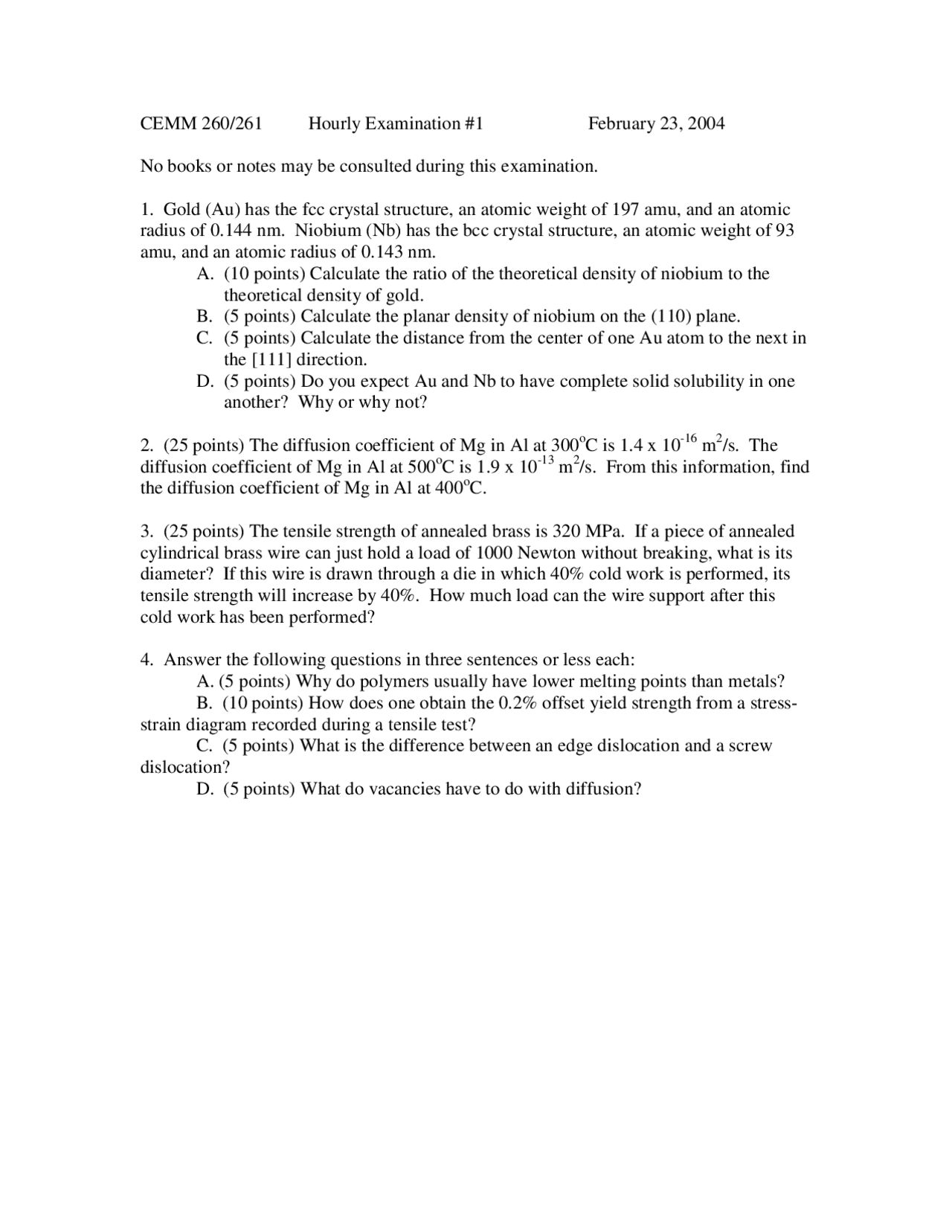 Examination 1 Questions For Properties Of Materials Cme 260 Docsity