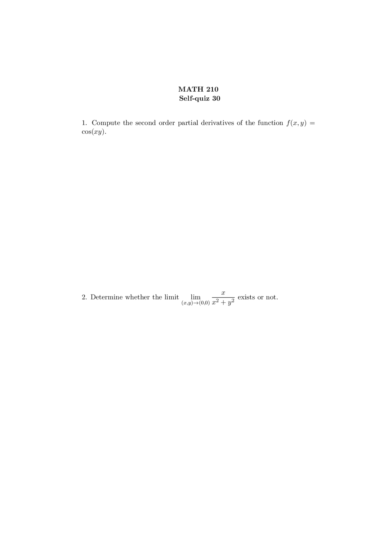 Calculus Iii Self Quiz 30 With Solutions Math 210 Docsity