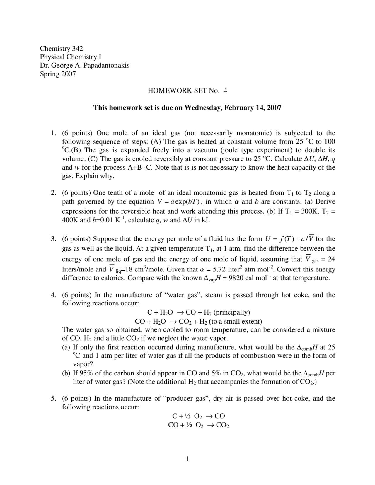 Problem Set 4 With Resolution Physical Chemistry I Chem 342 Docsity