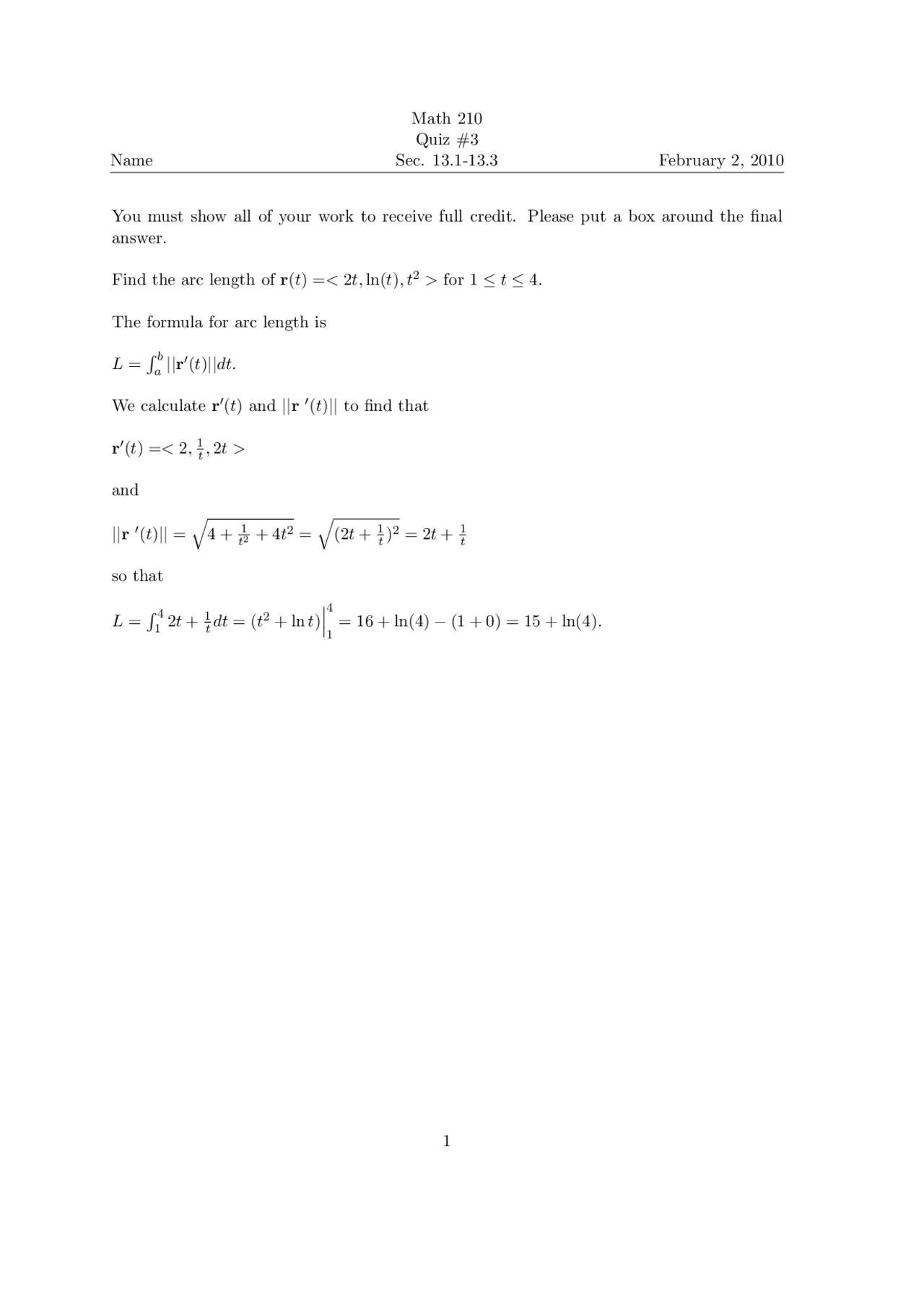 Find Arc Length Calculus Iii Quiz Iii Fall 2010 Math 210 Docsity