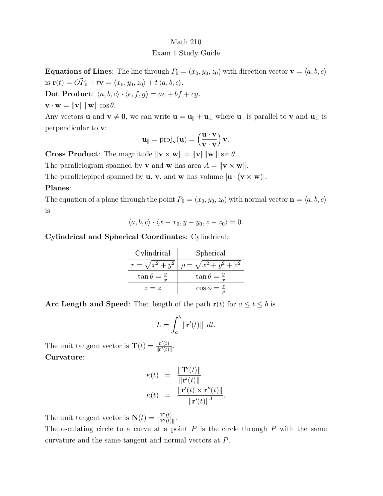 Equations of Lines in Calculus III - Examination 1 | MATH 210 - Docsity