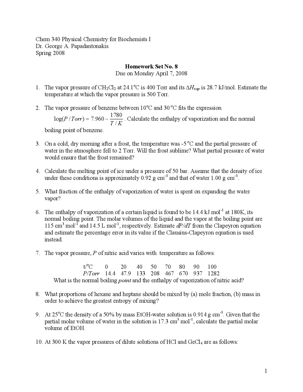 Homework Set 8 Physical Chemistry For Biochemists I Chem 340 Docsity