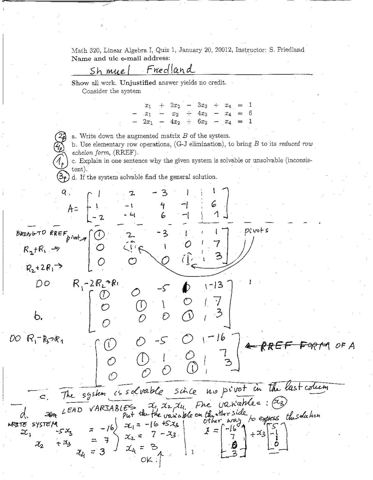 Quiz 1 Questions With Solution Linear Algebra I Math 320 Docsity