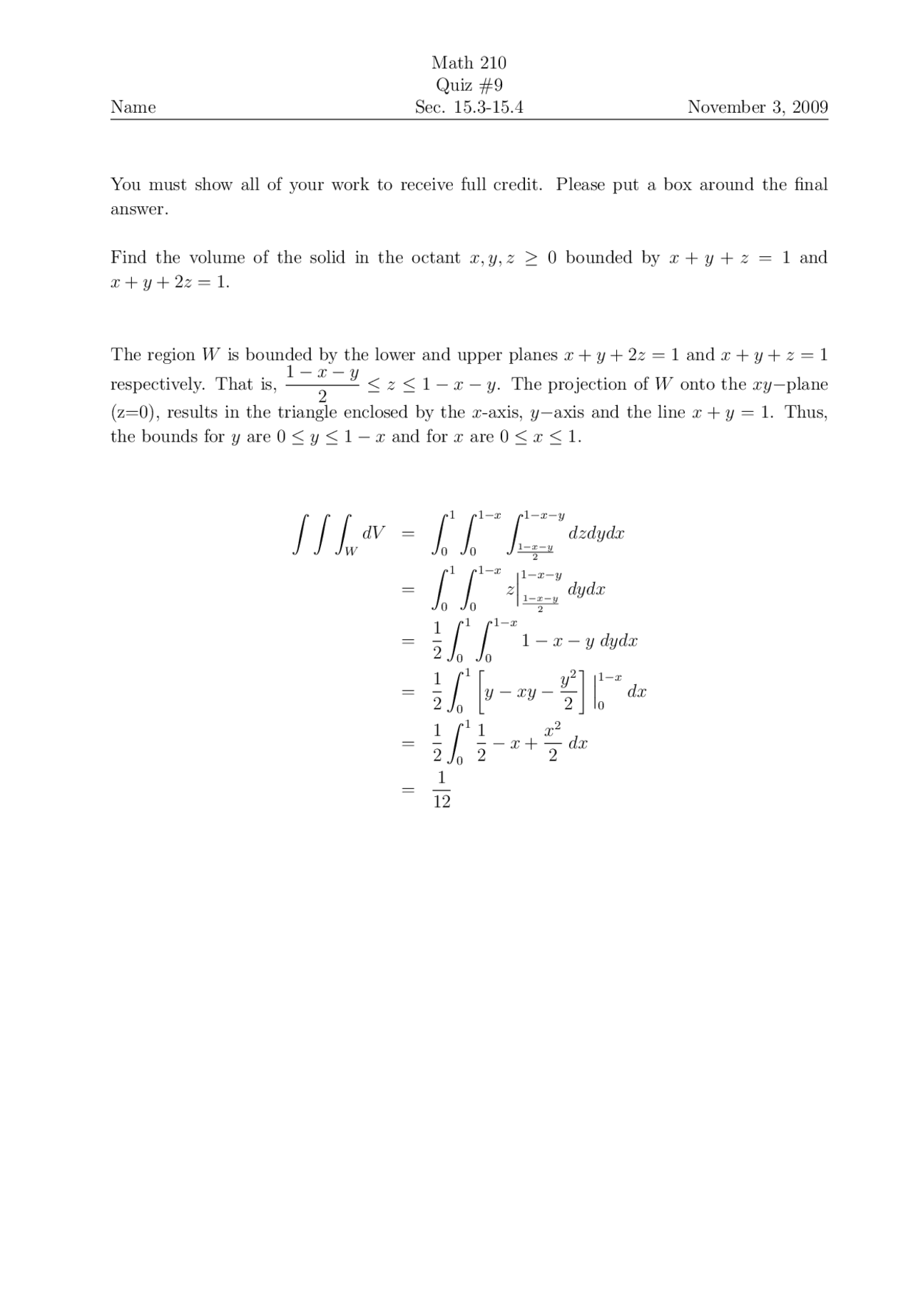 Calculus Iii Quiz Nine Solution Math 210 Quizzes Advanced