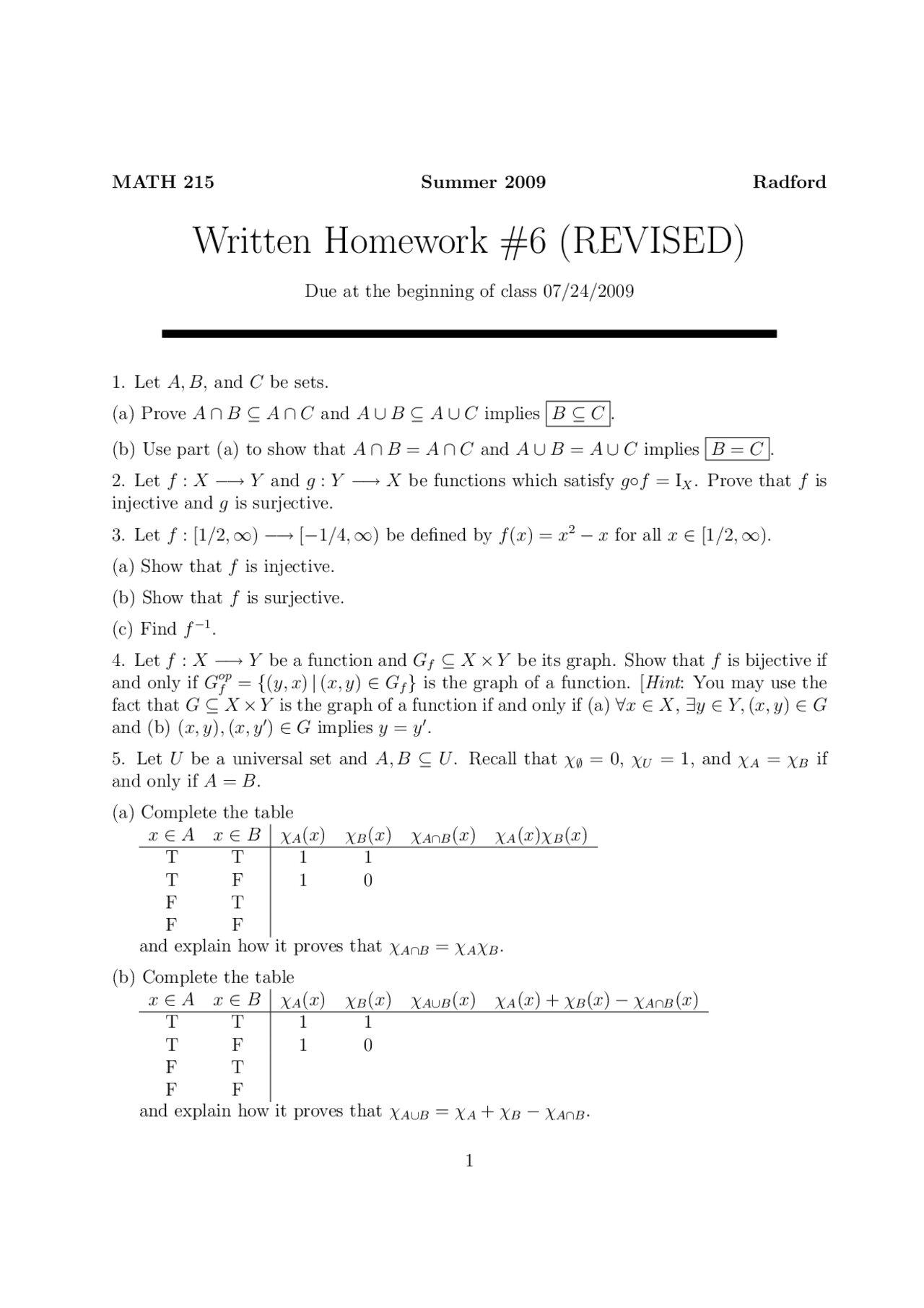 Introduction To Advanced Mathematics Homework 6 Solutions Math 215