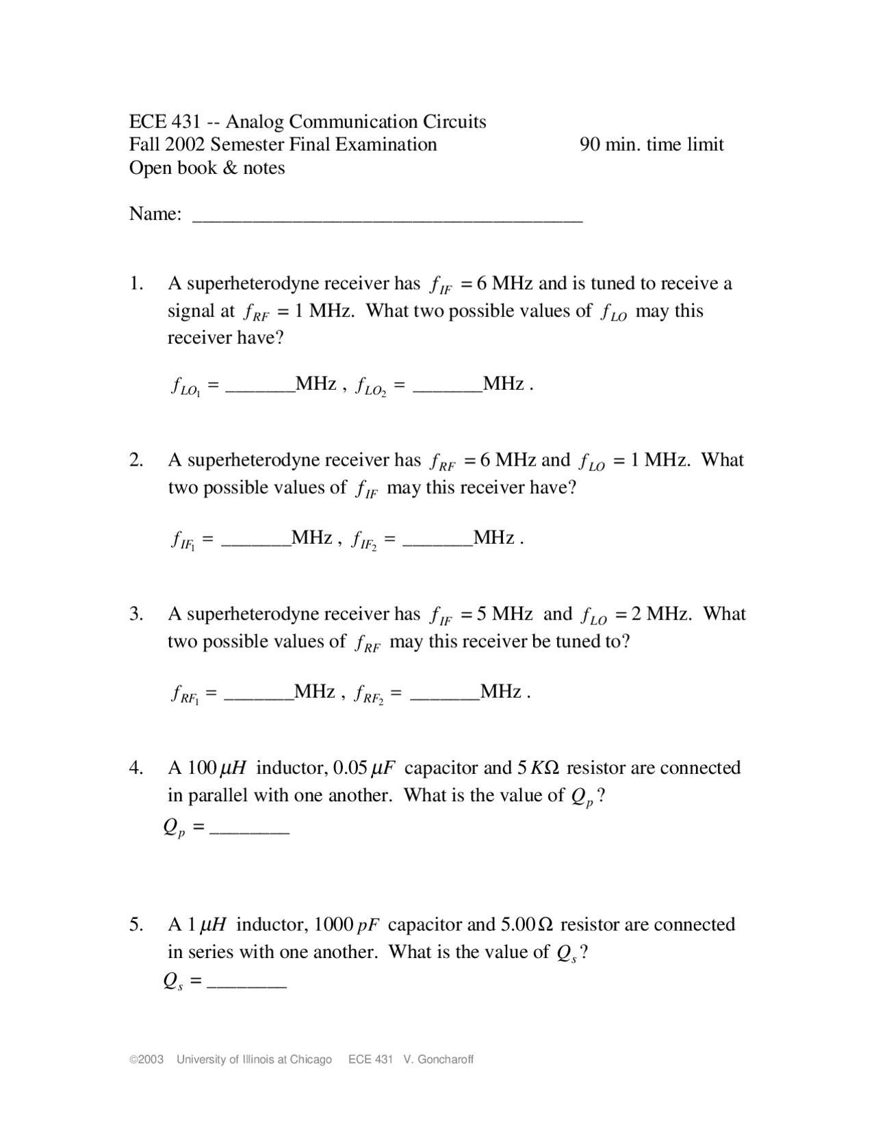 Final Exam Analog Communication Circuits Ece 431 Docsity