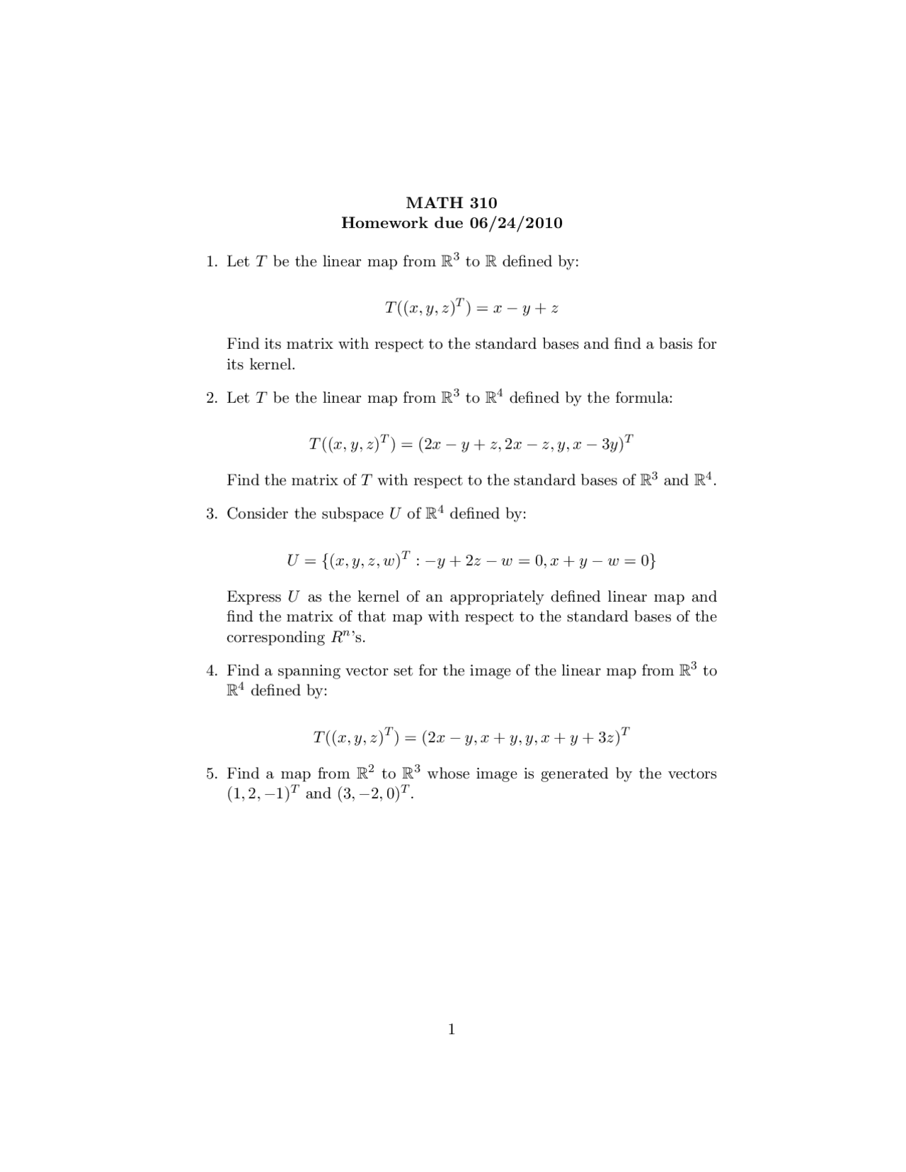5 Questions On Homework 5 Applied Linear Algebra Math 310 Assignments Linear Algebra Docsity