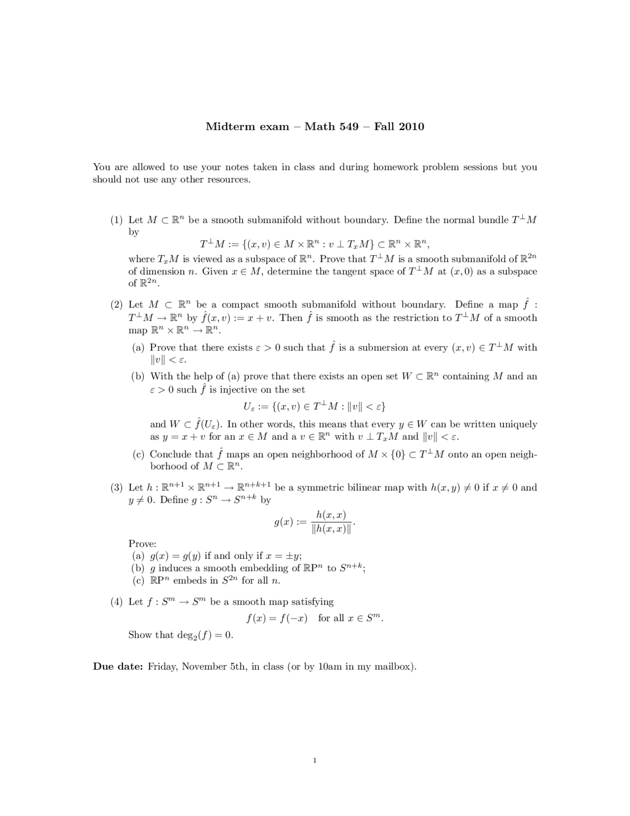 Midterm Exam 4 Questions On Differentiable Manifolds I Math 549