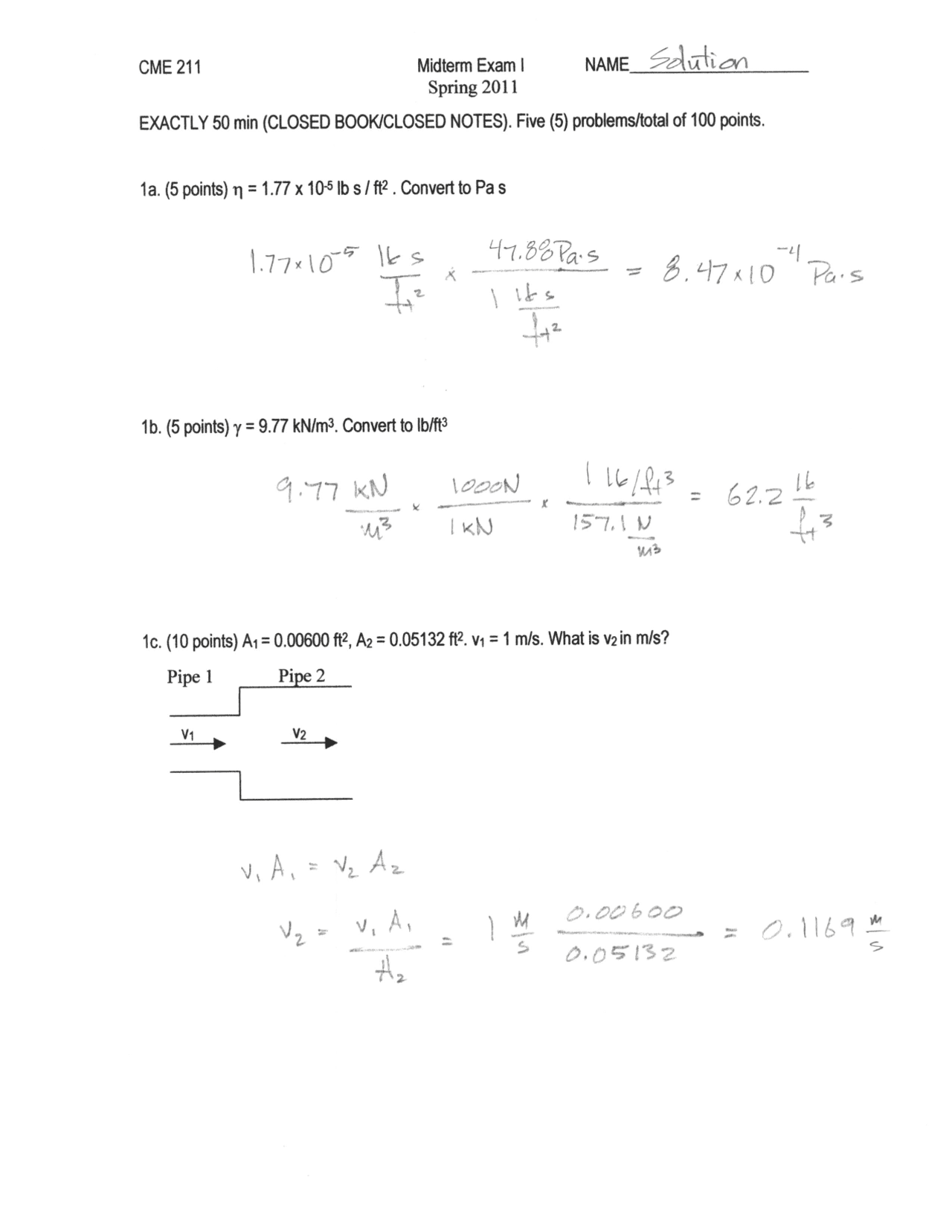 Midterm Exam 1 Solutions | Fluid Mechanics and Hydraulics | CME 211 - Docsity