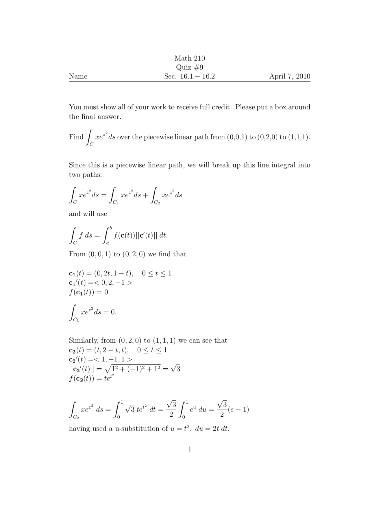Calculus Iii Quiz 9 With Solutions Fall 2010 Math 210 Docsity