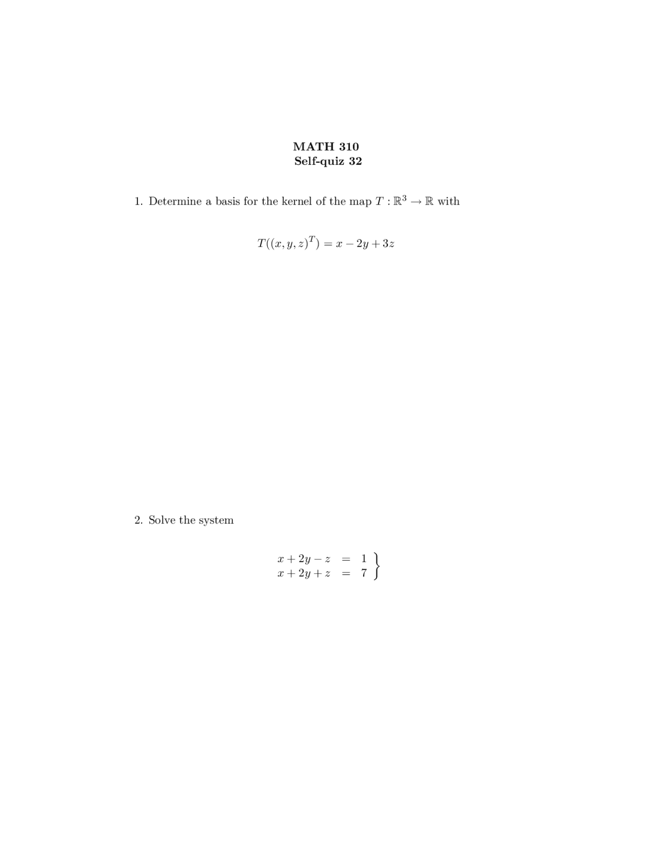Applied Linear Algebra Quiz 25 With Solutions Math 310 Docsity