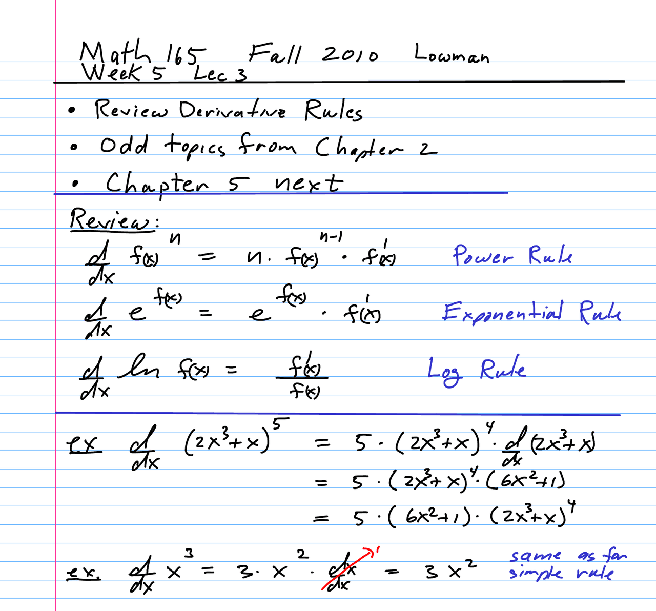 Handwritten Notes for Review Derivative Rules | MATH 165 - Docsity