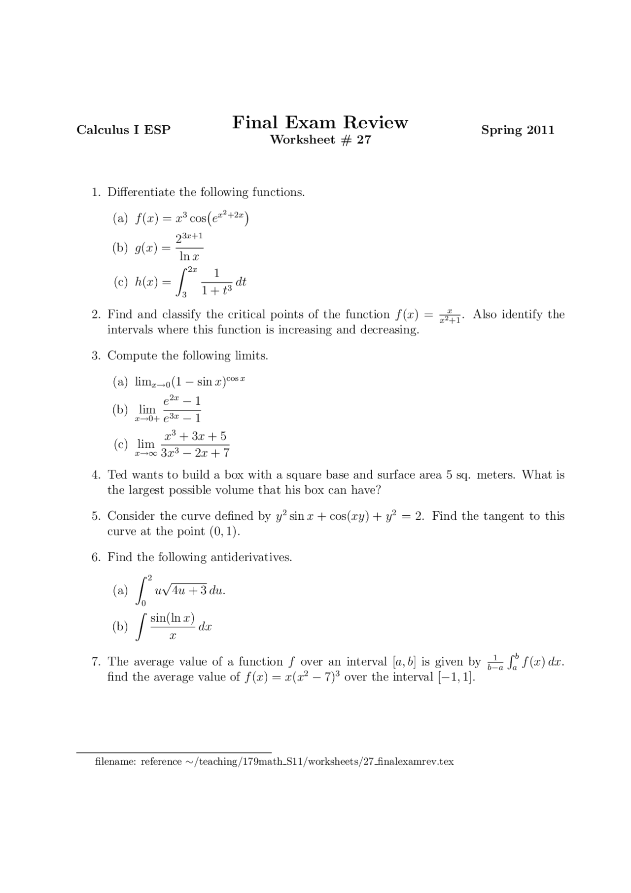 Final Exam Review Calculus 1 Math 180 Docsity
