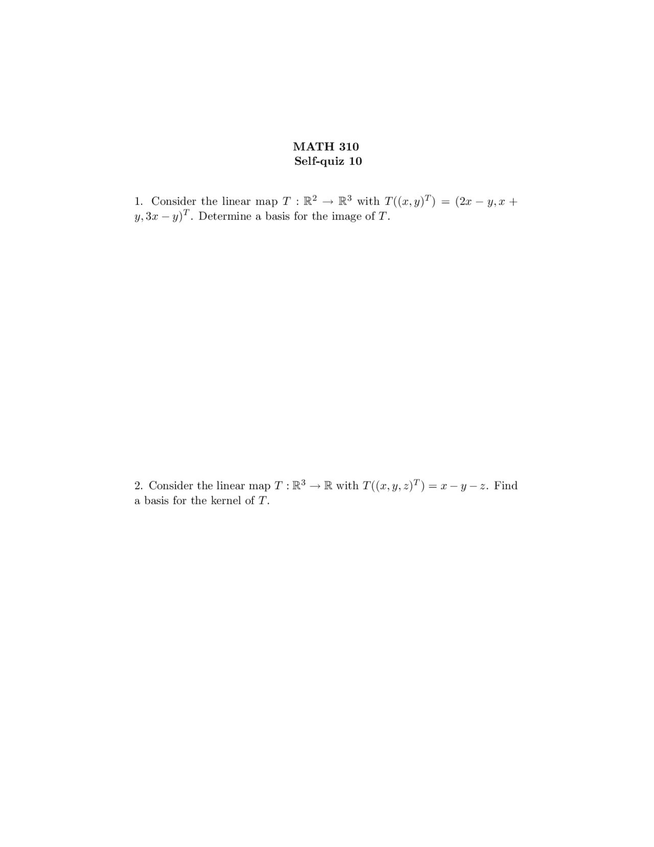 Quiz 10 Applied Linear Algebra Math 310 Docsity