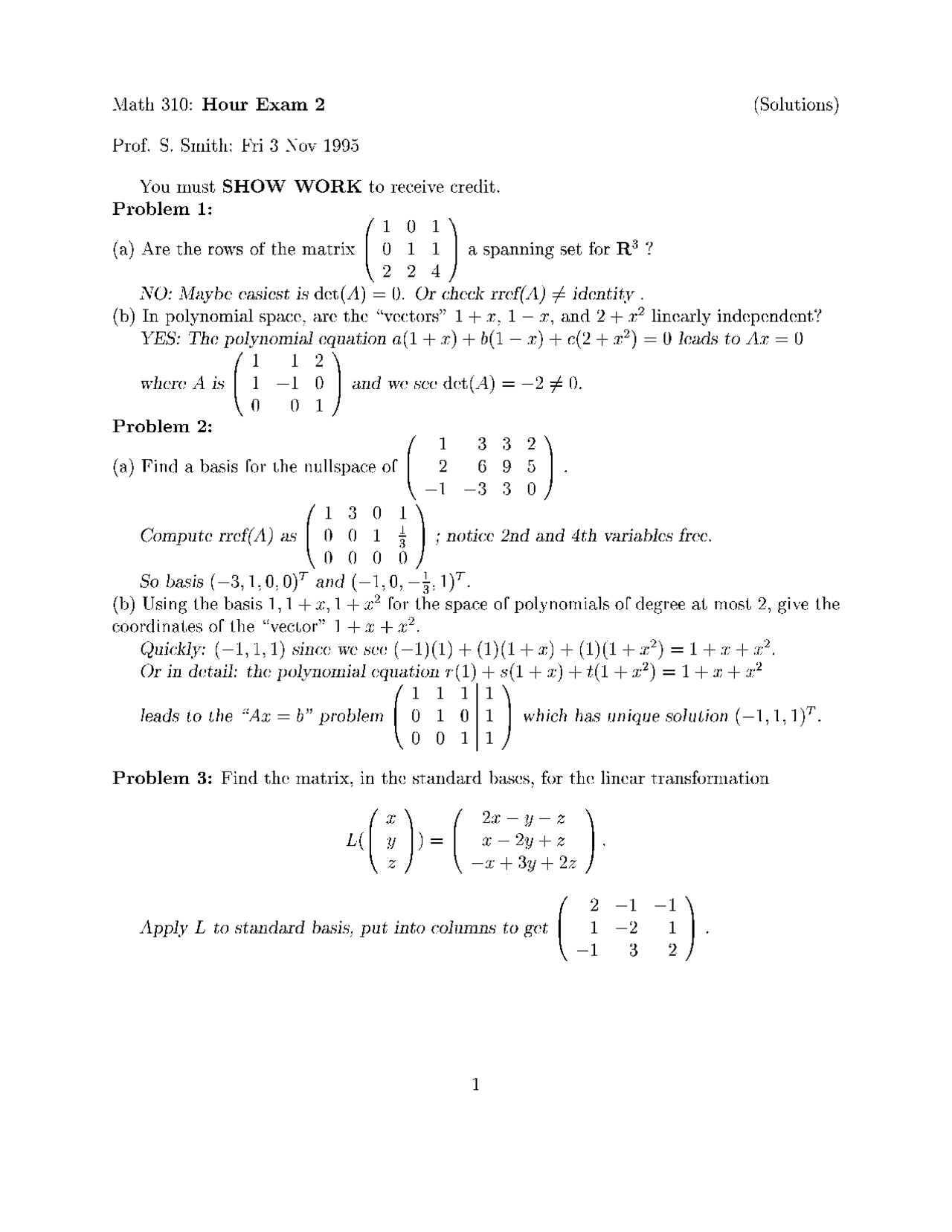 Exam 2 With Resolutions Applied Linear Algebra Math 310 Docsity