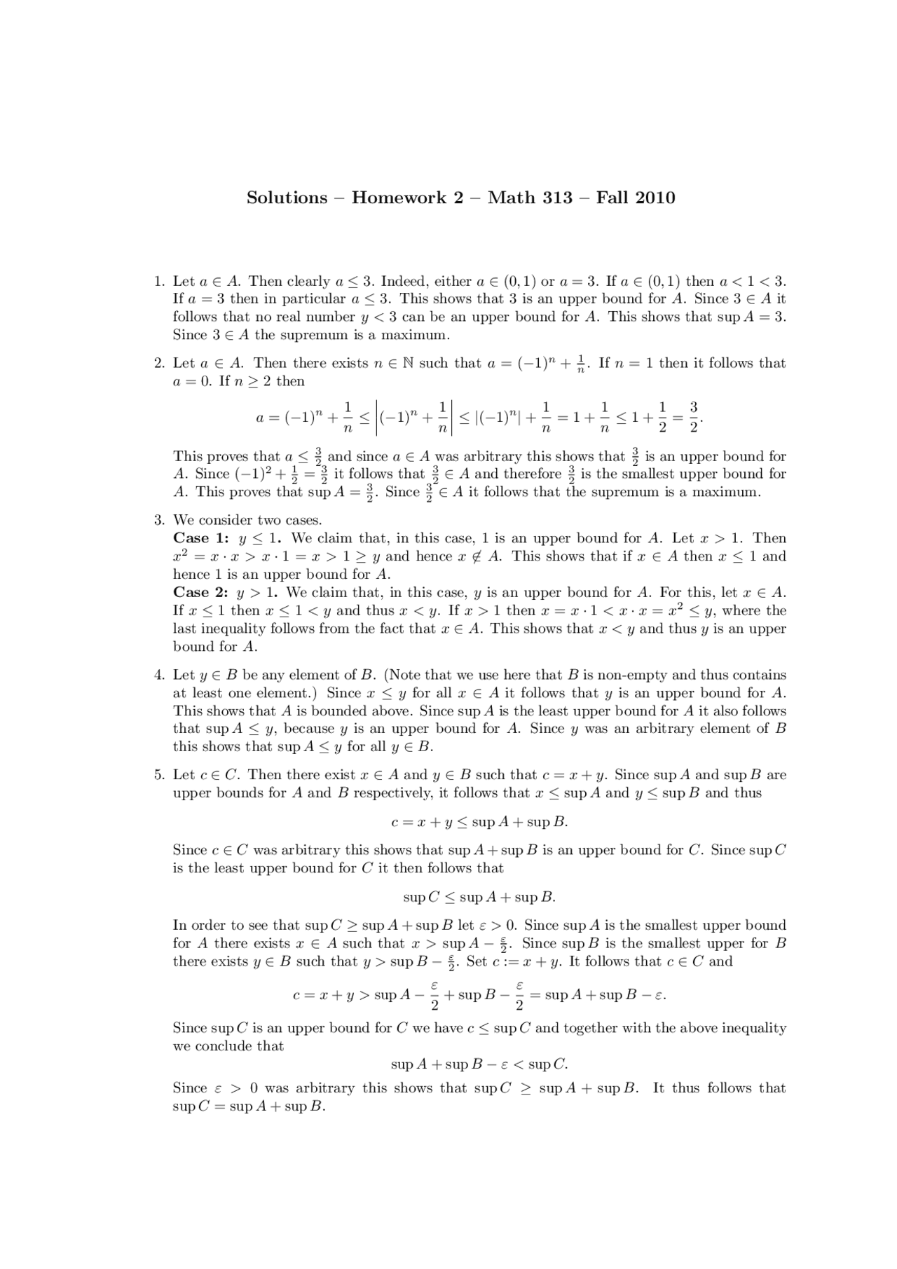 Math 313 Homework Solution - Supremum and Infinite Series | Assignments Mathematical Methods for ...