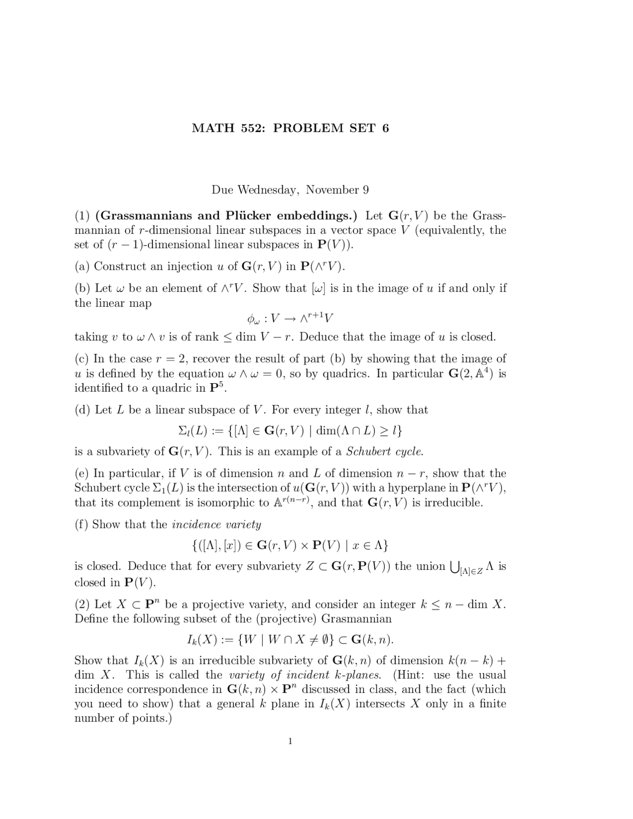 Algebraic Geometry I Problem Set 6 Math 552 Docsity