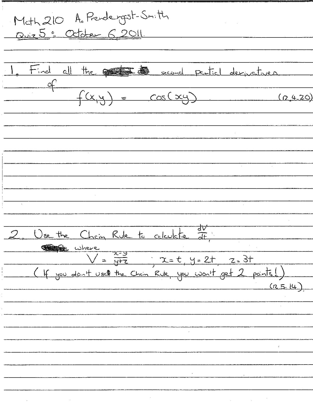Quiz Five Questions Calculus Iii Math 210 Docsity