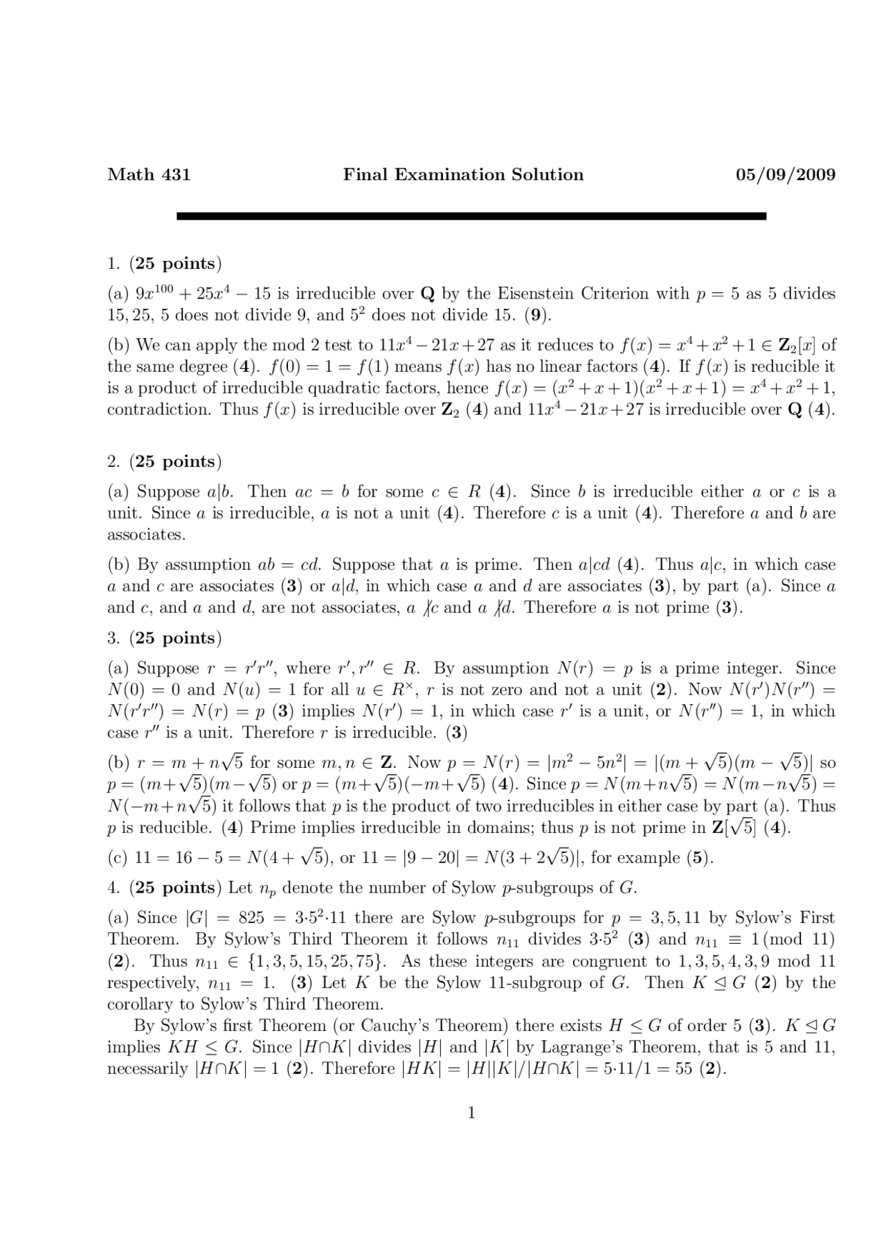 8 Problems With Solutions On Abstract Algebra Ii Final Exam Math
