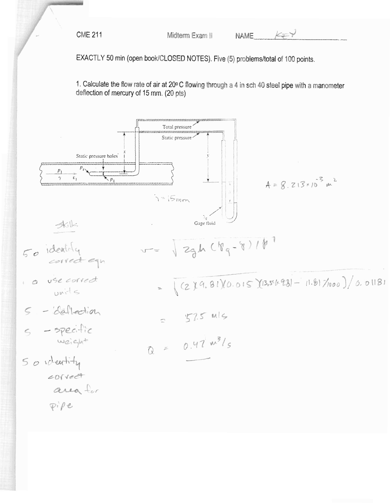Midterm Exam 2 Answer Key | Fluid Mechanics and Hydraulics | CME 211 - Docsity