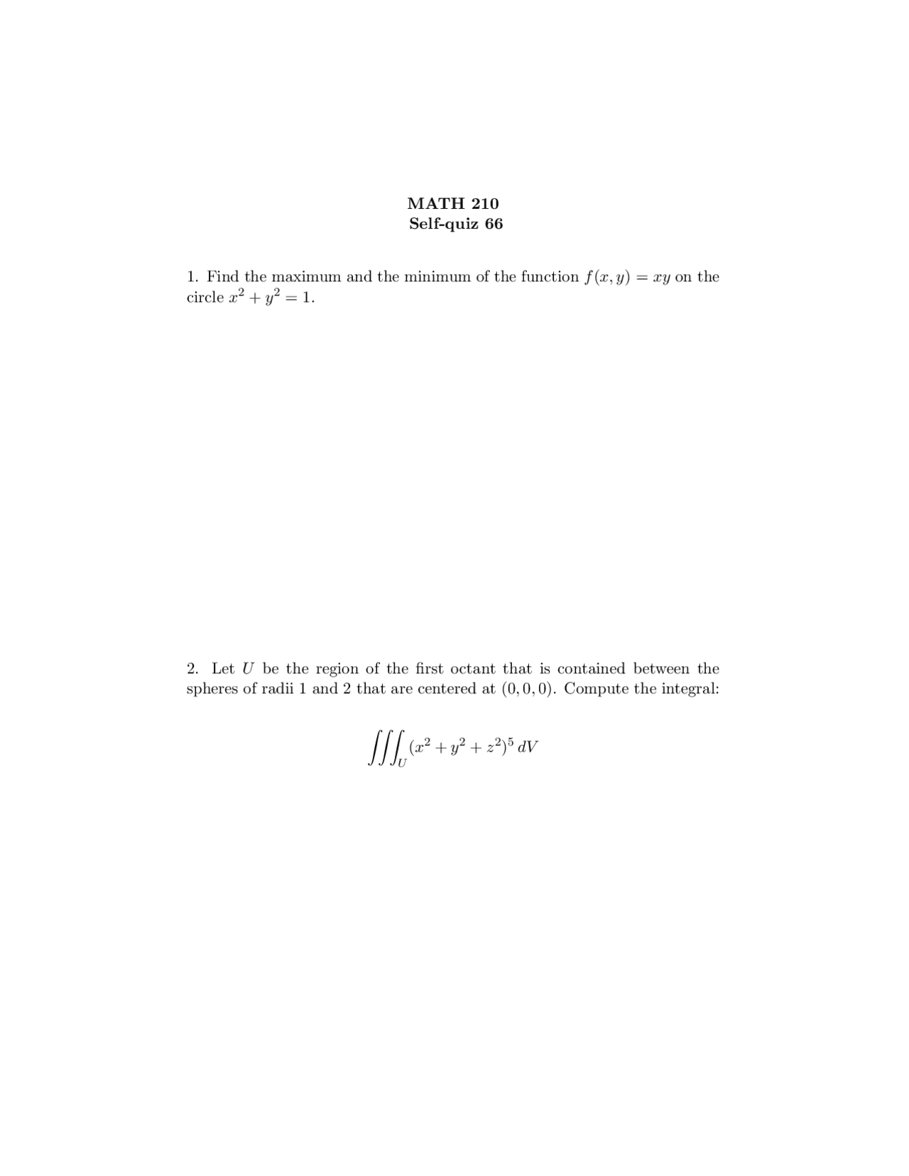 Self Quiz 66 With Solutions For Calculus Iii Math 210 Docsity