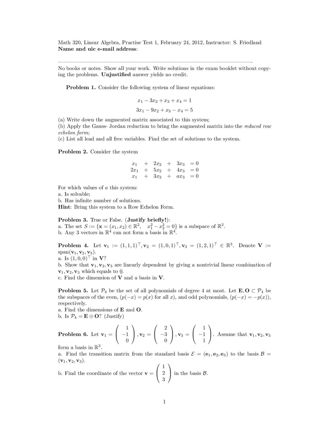 7 Problems In Exam 1 Linear Algebra I Math 320 Docsity