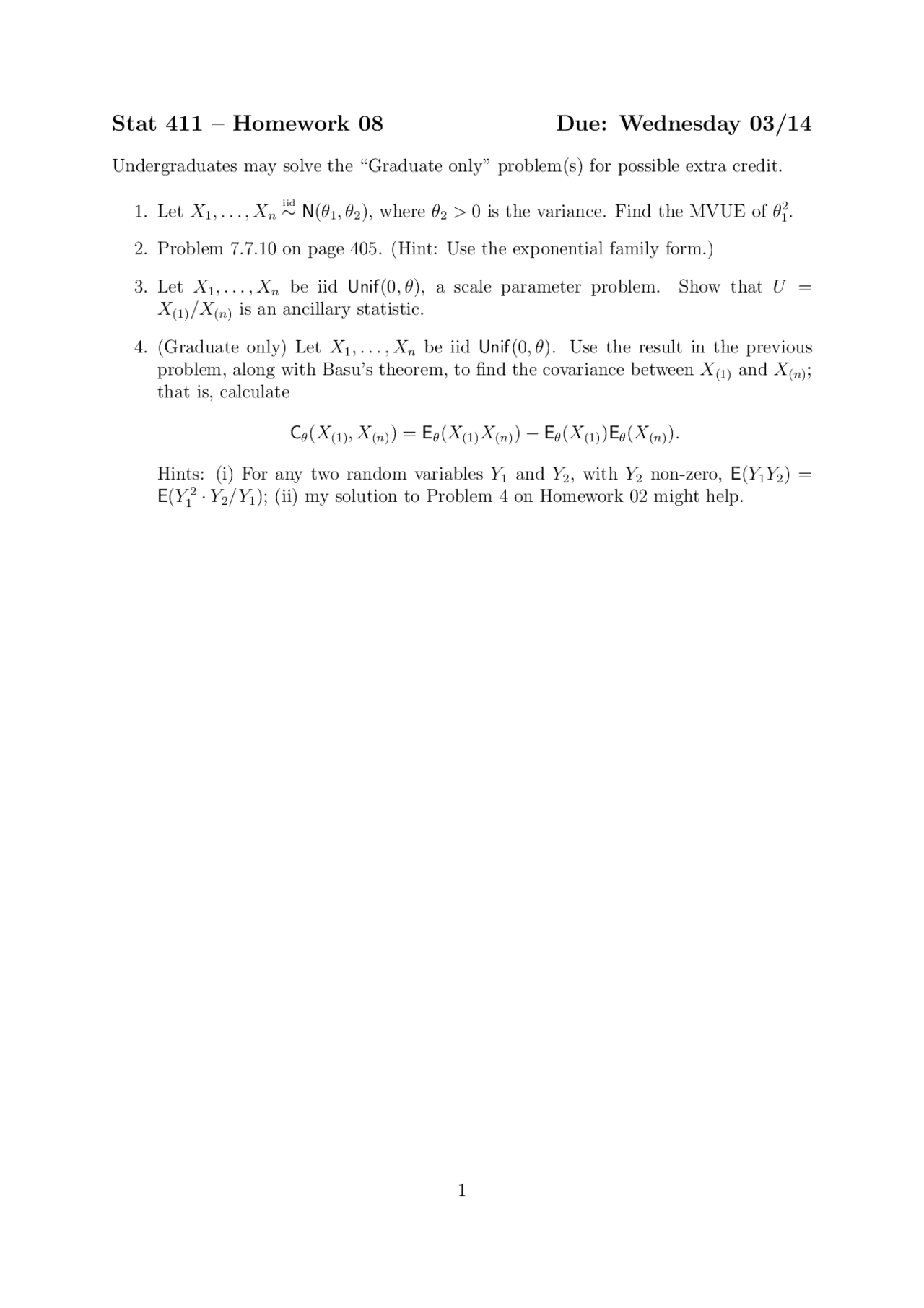 Assignment 8 With Solutions For Statistical Theory Stat 411 Docsity