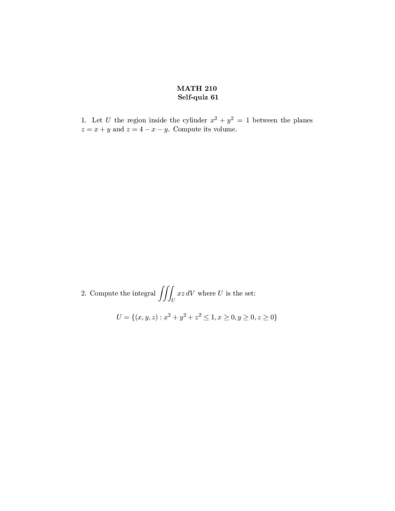 Self Quiz 61 Solutions Calculus Iii Math 210 Docsity