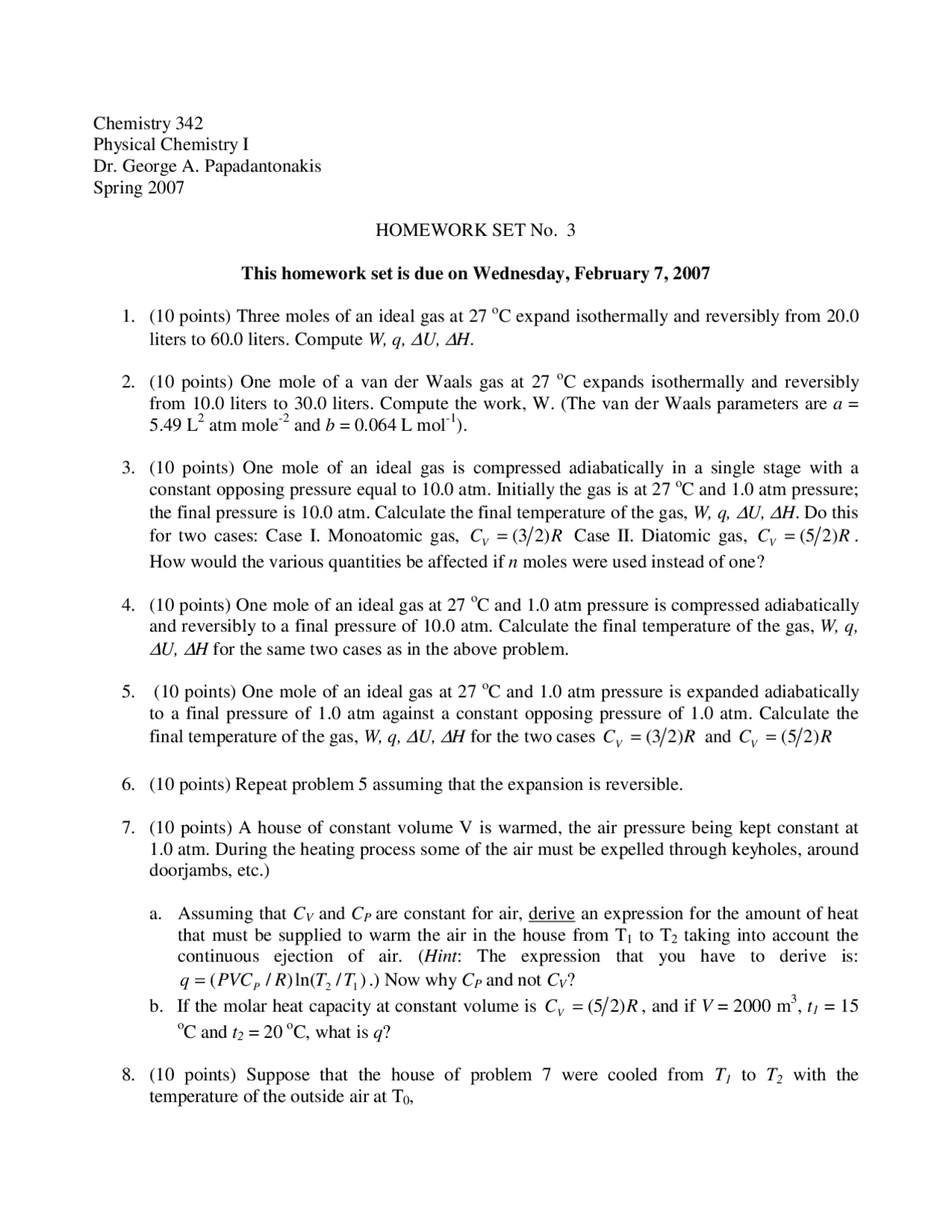 10 Problems Solved For Homework On Physical Chemistry Chem 342 Docsity