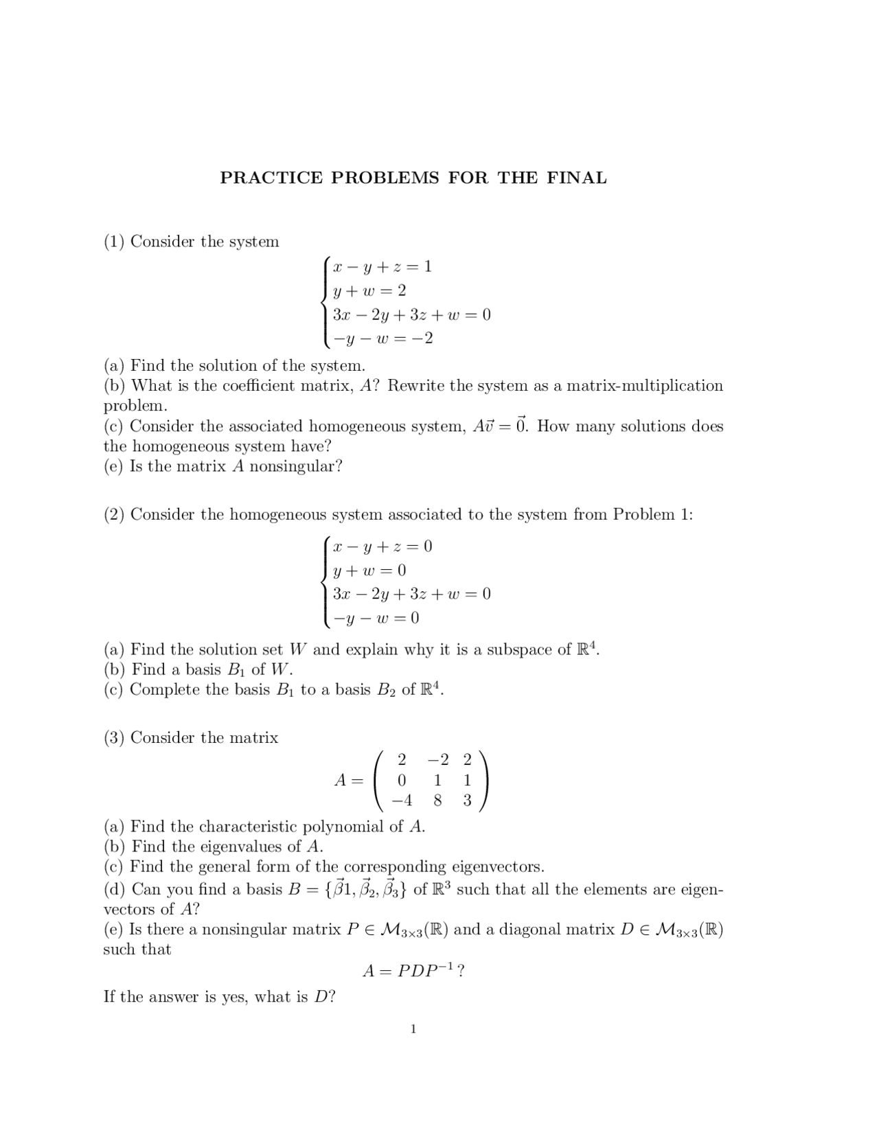 21 Practice Problems On Linear Algebra I Final Examination Math 320