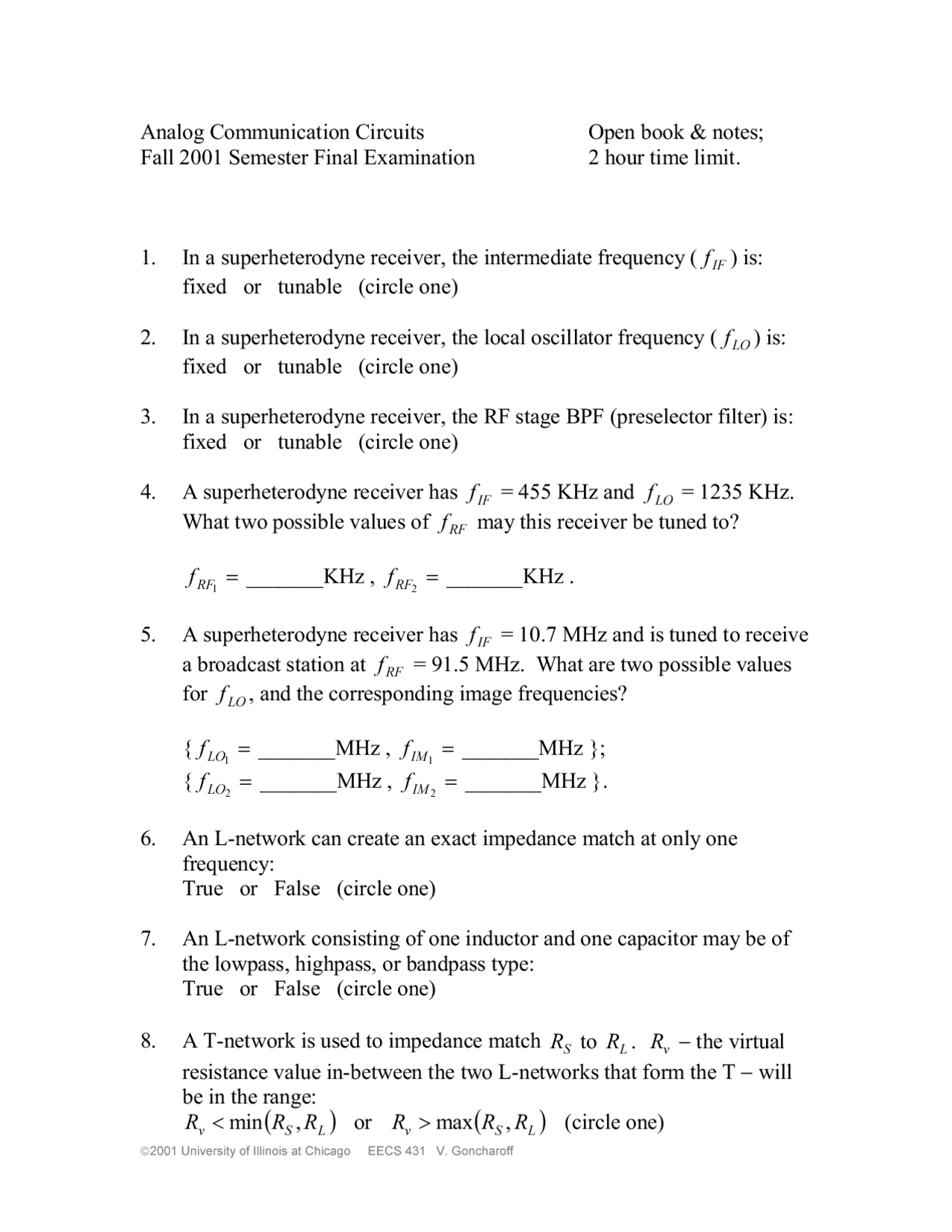 Analog Communication Circuits Final Exams Fall 2001 Ece 431 Docsity