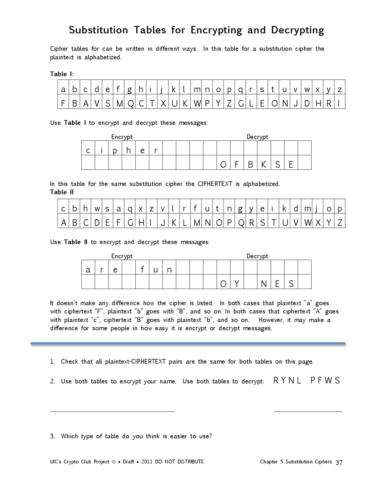 Substitution Tables For Encrypting And Decrypting Mtht 467 Docsity