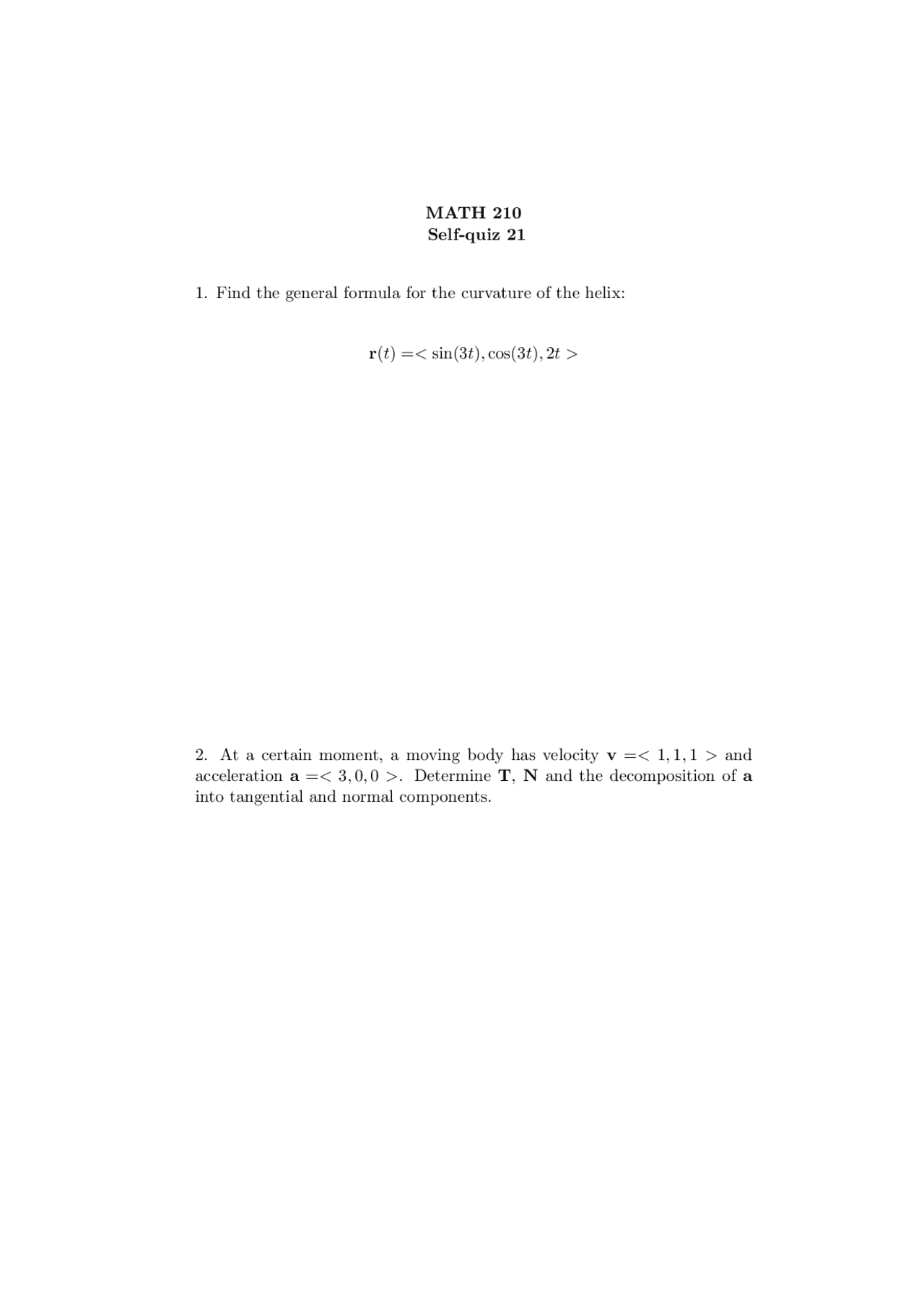 Solutions for Self Quiz 21 - Calculus III | MATH 210 | Quizzes Advanced Calculus | Docsity