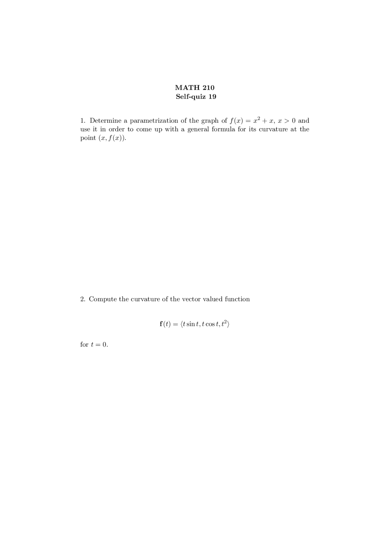Self Quiz 19 With Solutions For Calculus Iii Math 210 Docsity