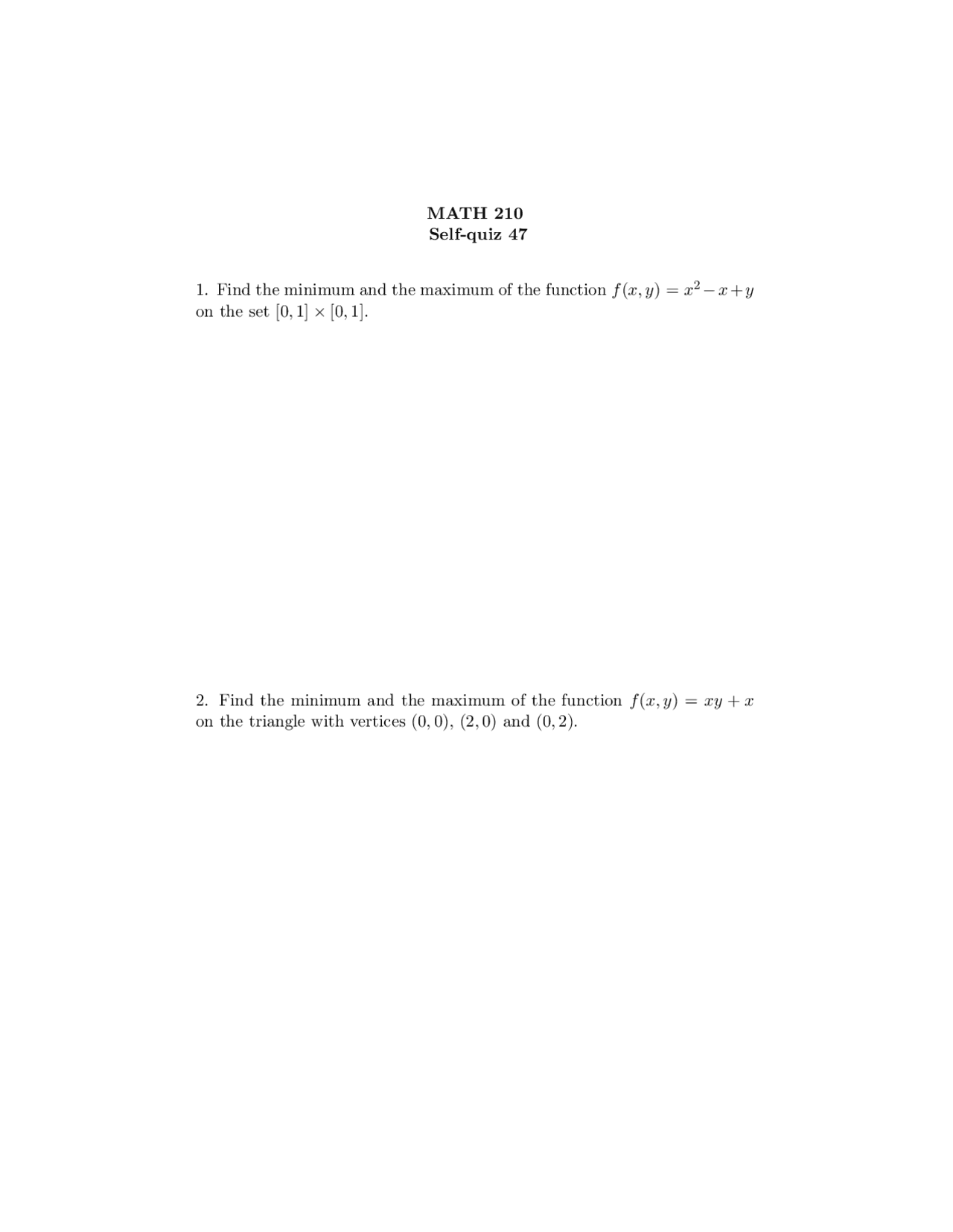 Self Quiz 47 with Answers for Calculus III | MATH 210 - Docsity