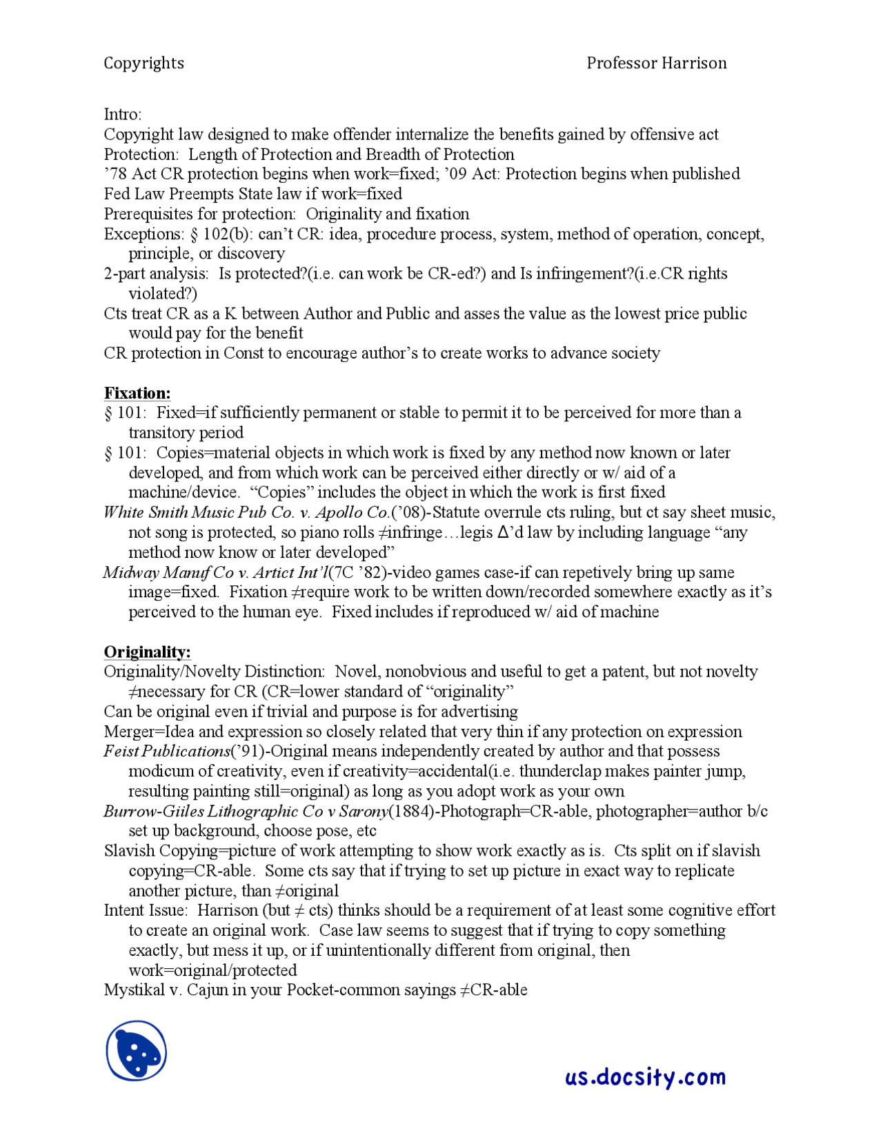 Copyright Outline 1 - Intro, Fixation, Originality, Authorship ...