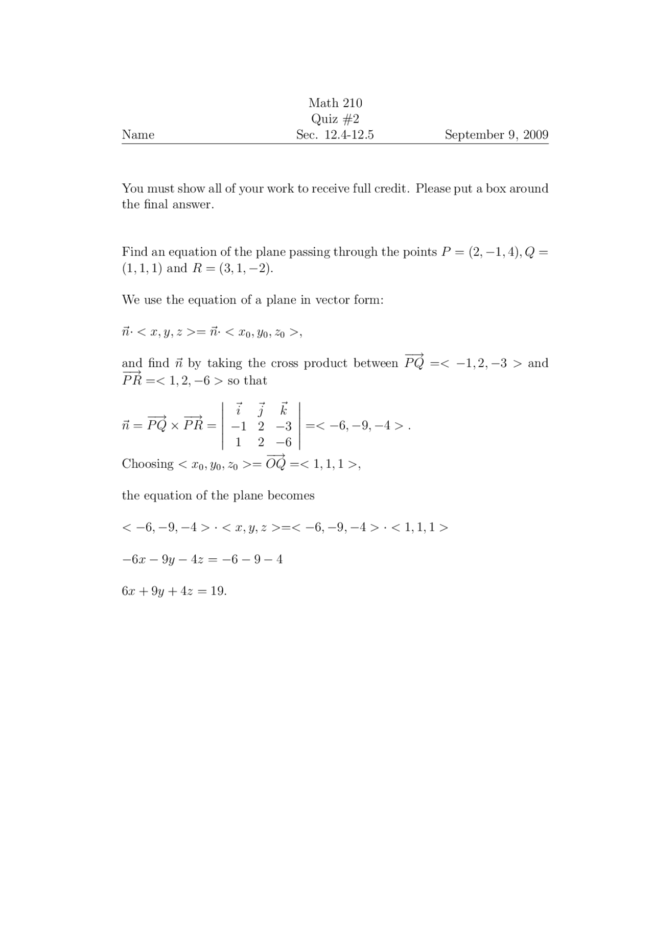 Solutions To Quiz 2 Calculus Iii Math 210 Docsity