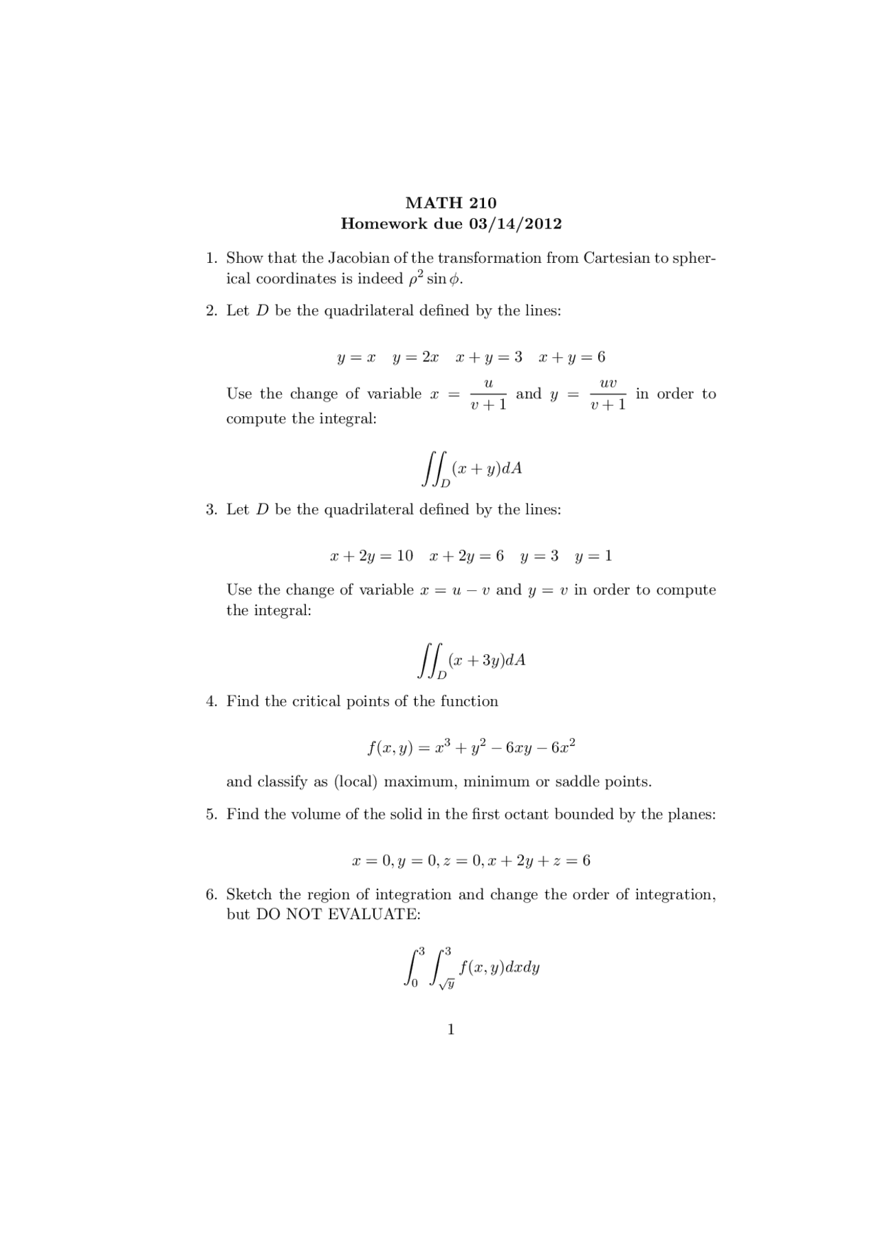 Practice Problems For Assignment Calculus Iii Math 210 Docsity