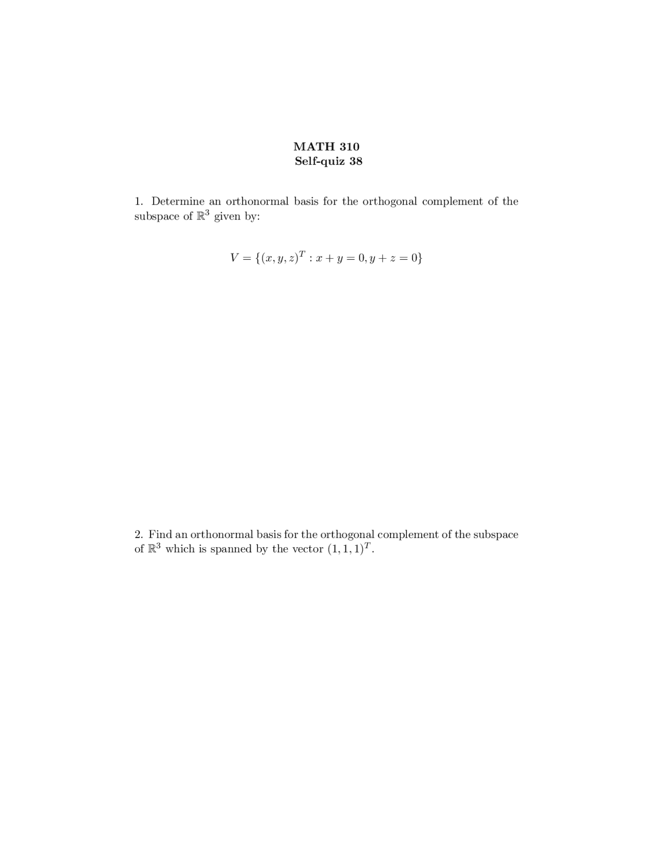 Sample Quiz 25 With Solutions Applied Linear Algebra Math 310 Docsity