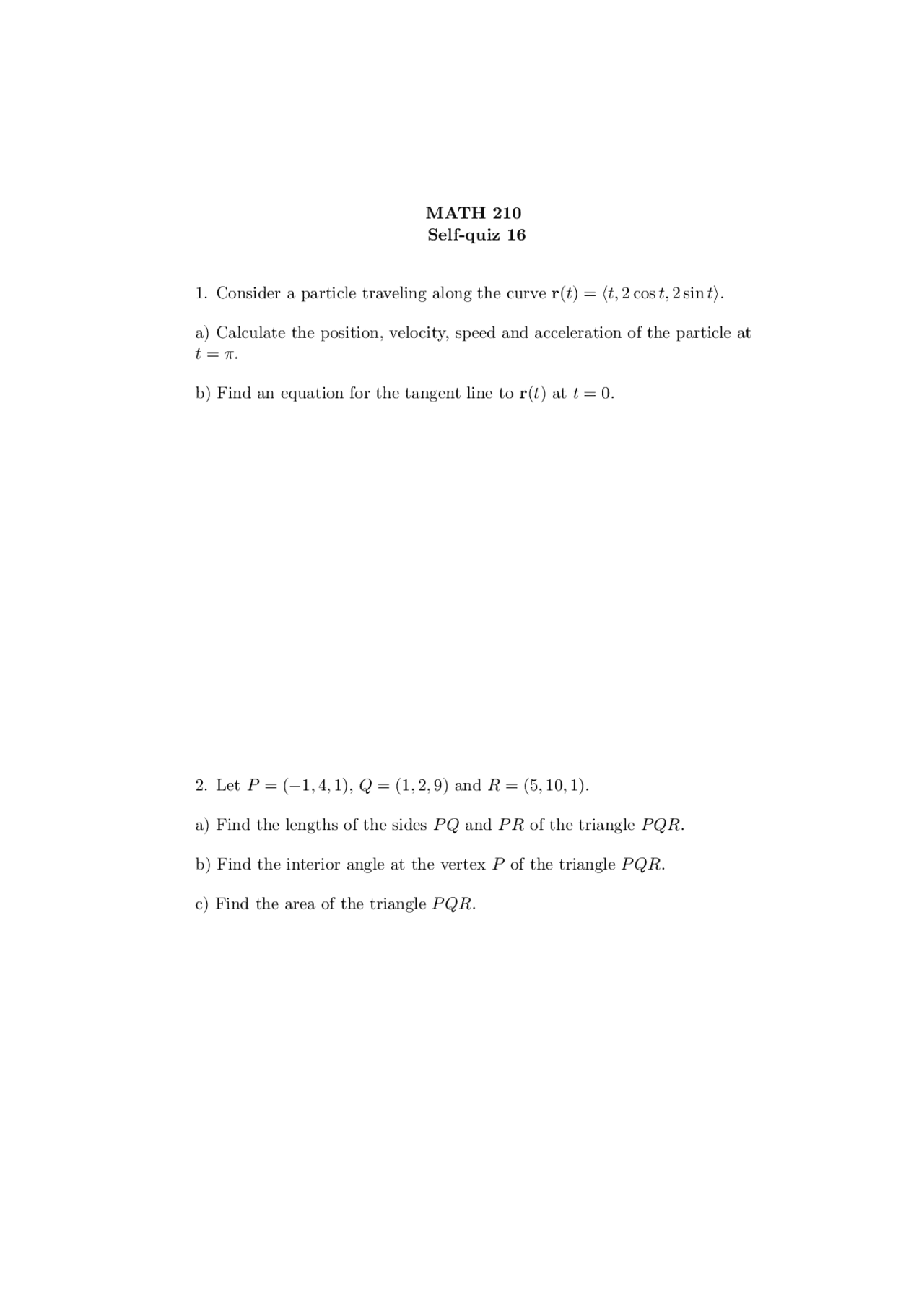 Self Quiz 16 With Answer Key For Calculus Iii Math 210 Docsity