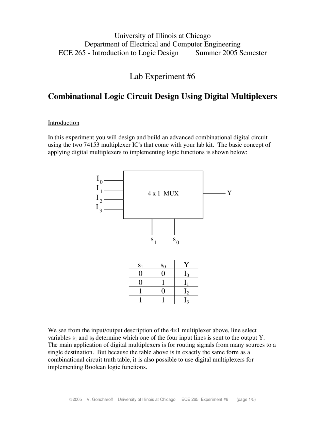 Combinational Logic Circuit Design Using Digital Multiplexers Lab 6 Ece 265 Lab Reports