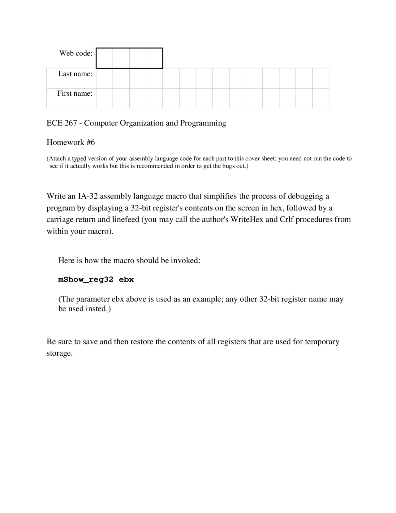 Practice Homework 6 Computer Organization I Ece 267 Docsity