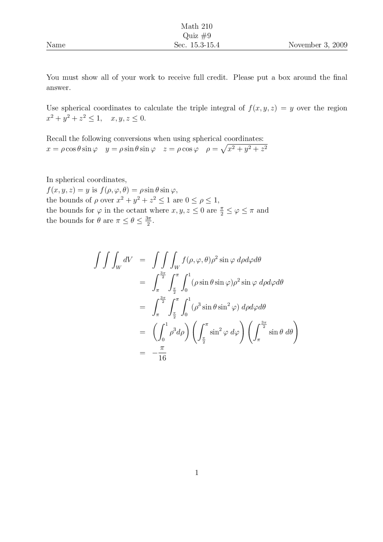 Quiz 9 Solution - Fall 2009 - Calculus III | MATH 210 - Docsity