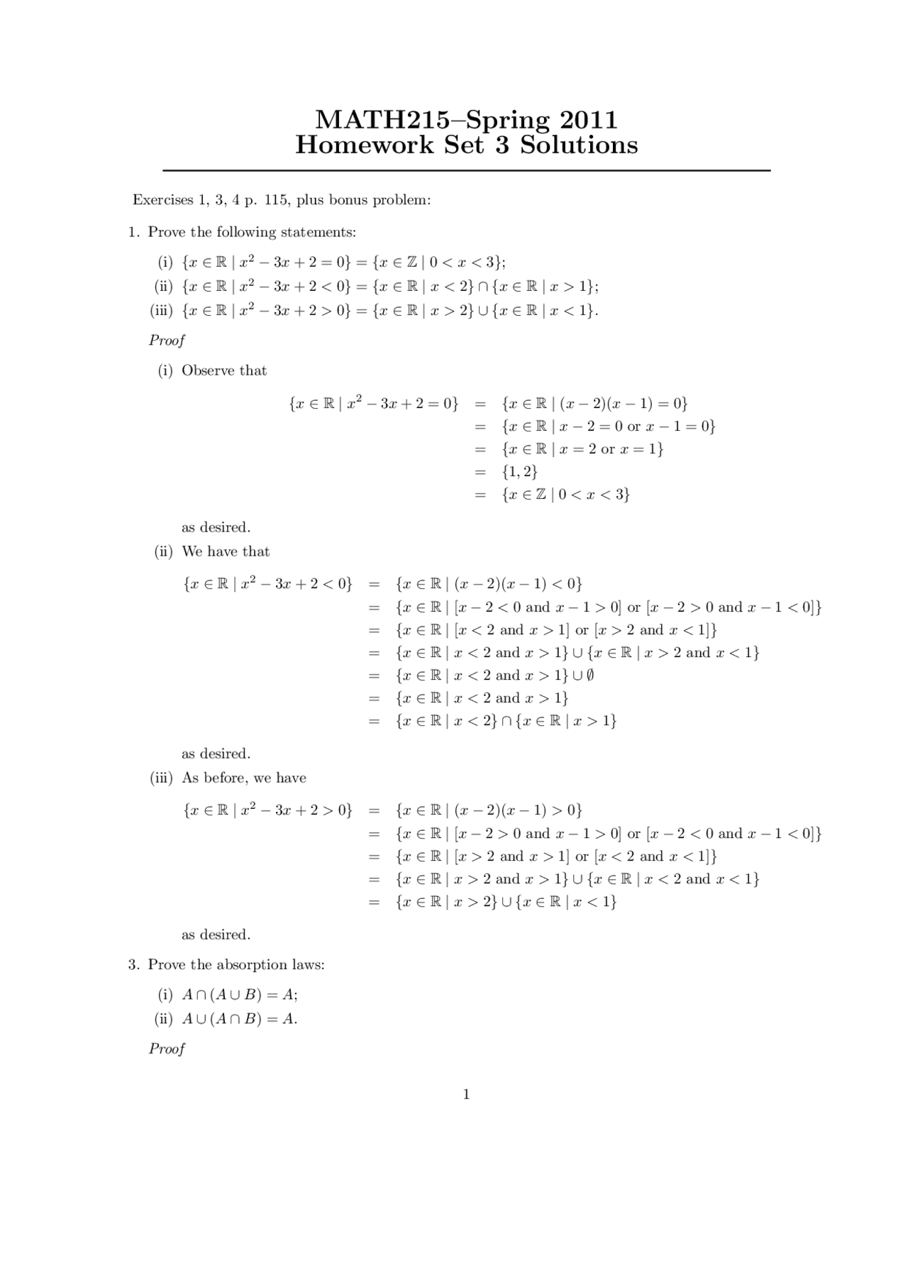 Homework Set 3 Solutions Introduction To Advanced Mathematics Math